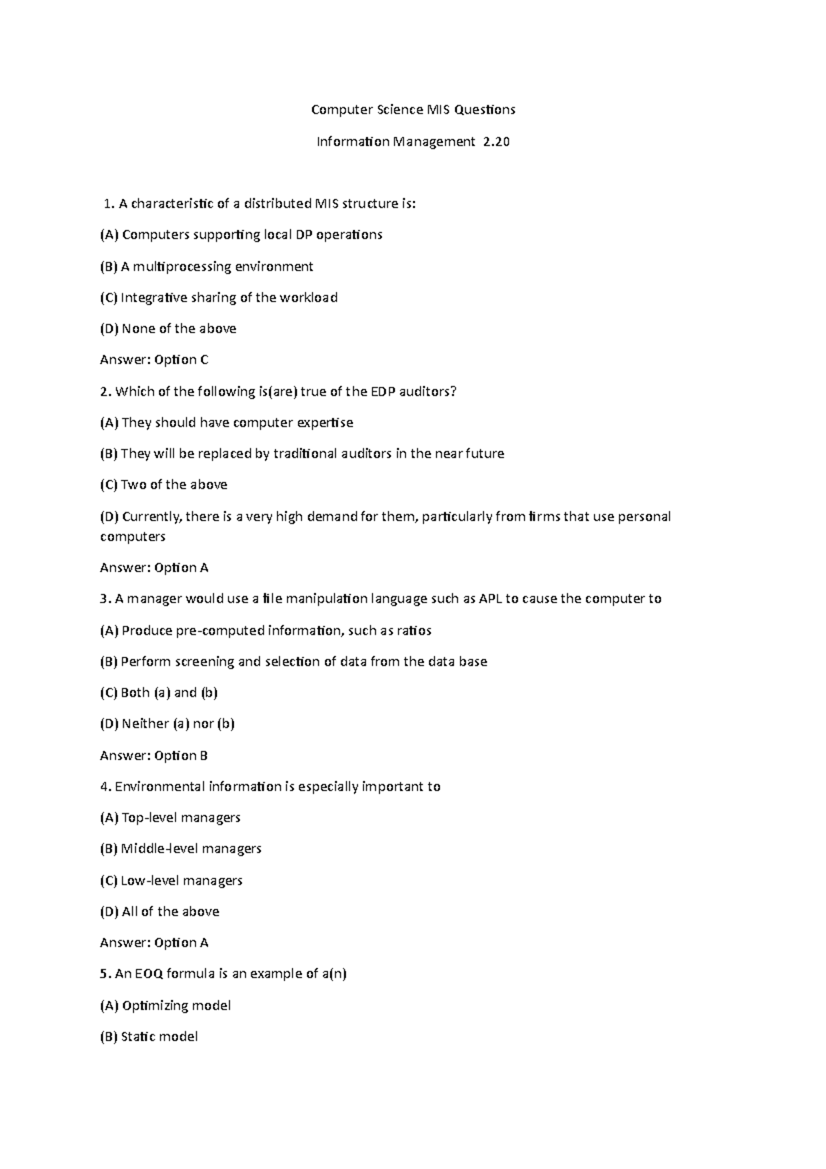 Computer Science MIS Questions Information Management 2.20 - A ...