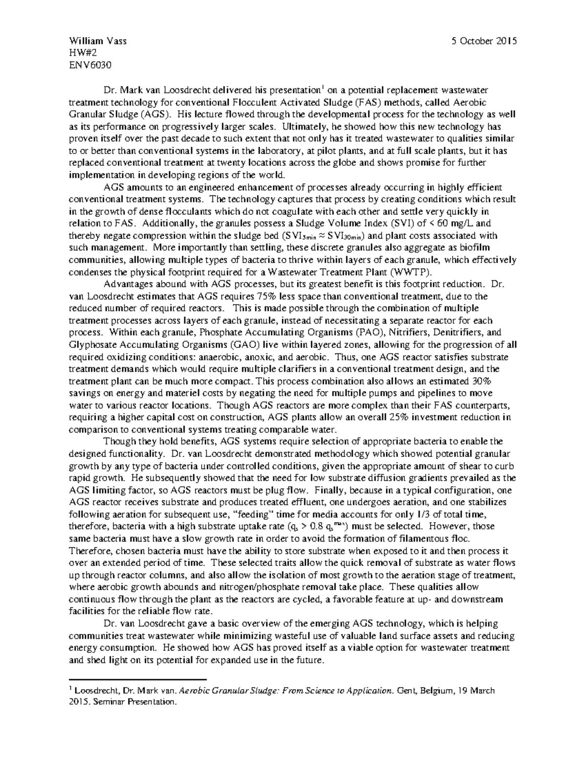 Home Work Summary - William Vass 5 October 2015 HW# ENV Dr. Mark van ...