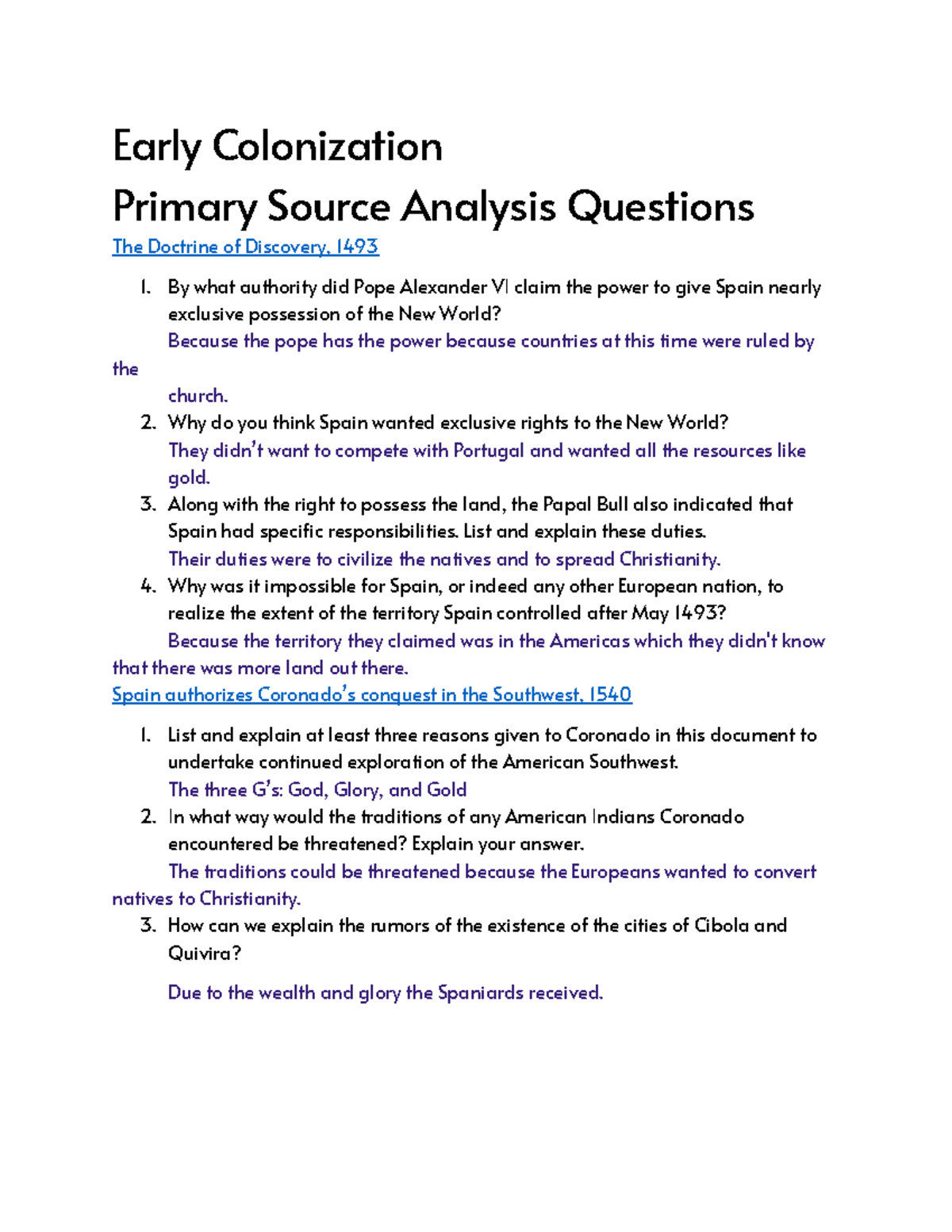 Primary Source Analysis Questions 5 Doc-1 - Early Colonization Primary ...
