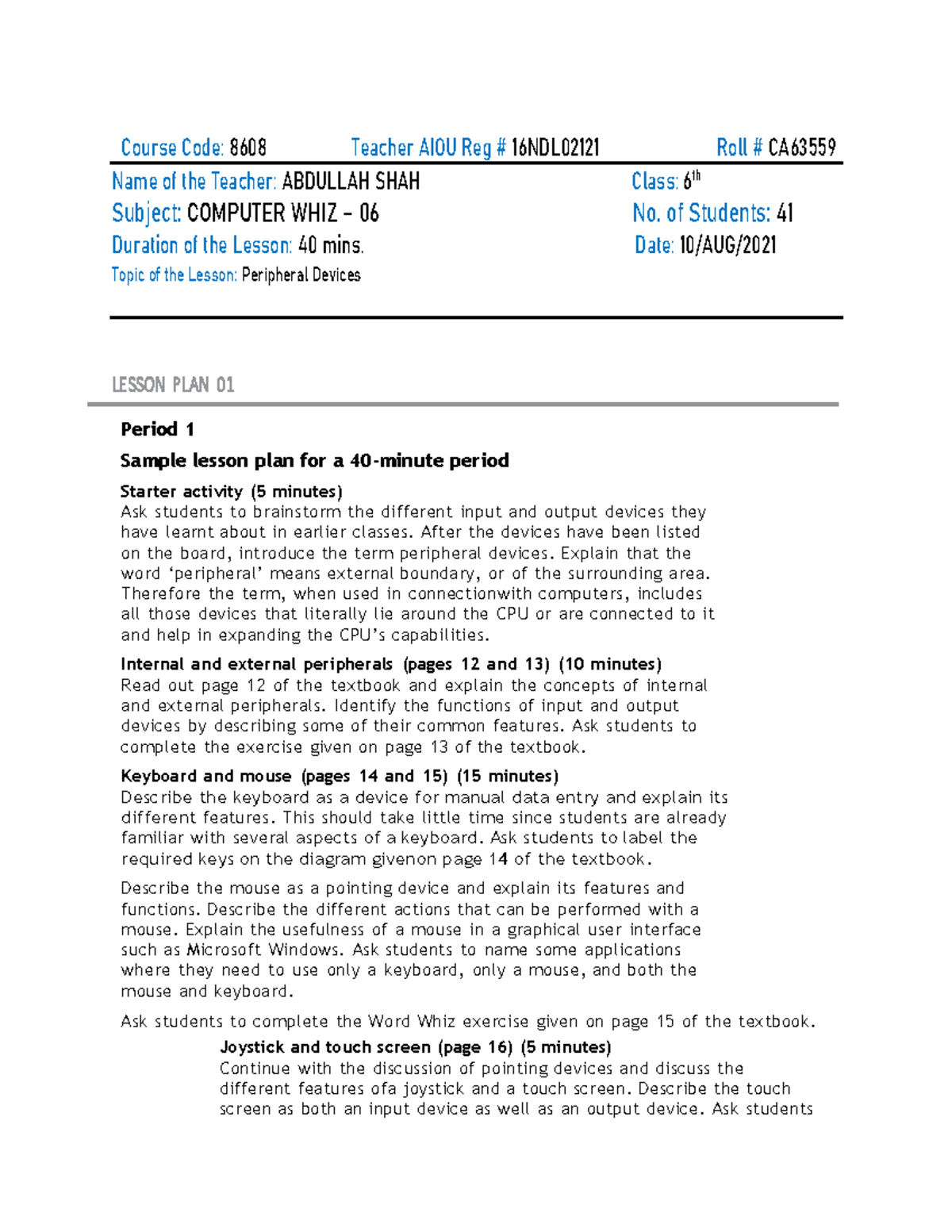 Lesson Plan 02 by CA635593 Abdullah SHAH - Course Code: 8608 Teacher ...