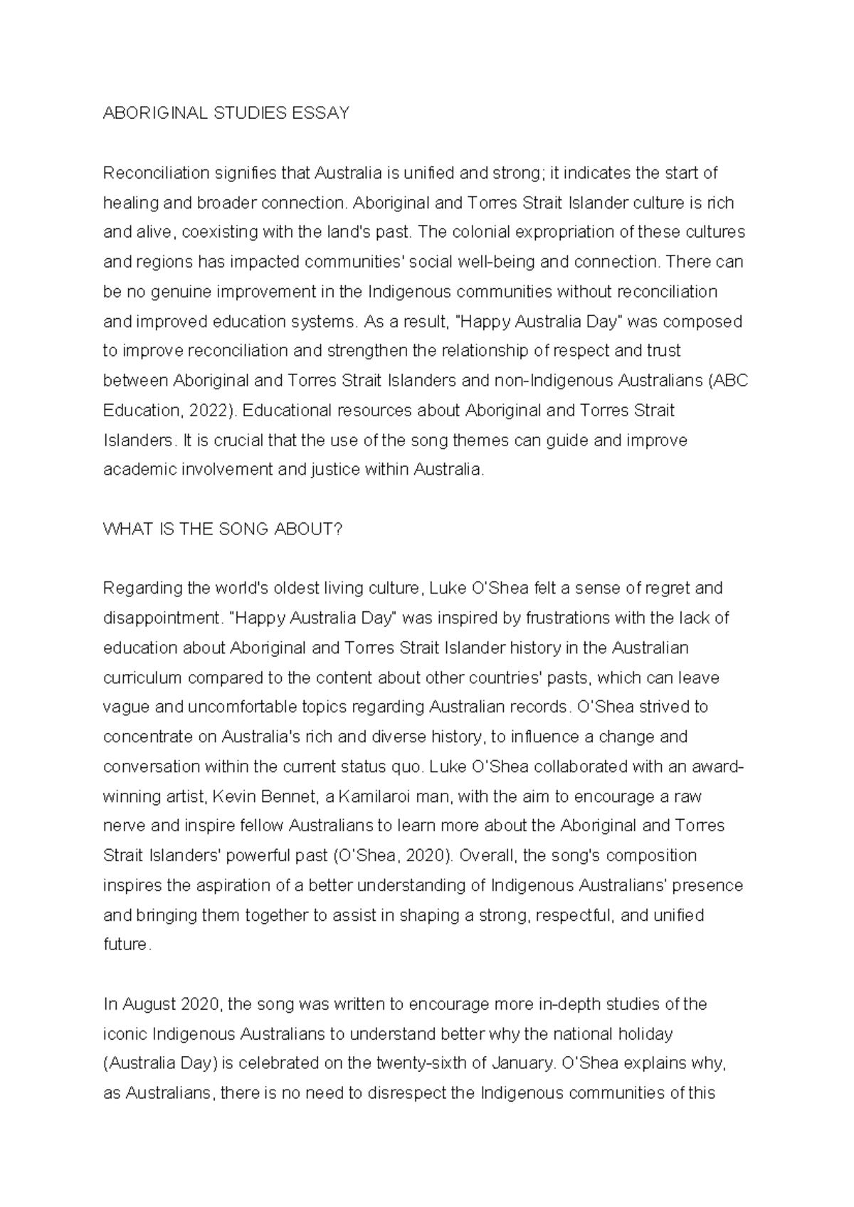 Aboriginal Studies Essay - ABORIGINAL STUDIES ESSAY Reconciliation ...