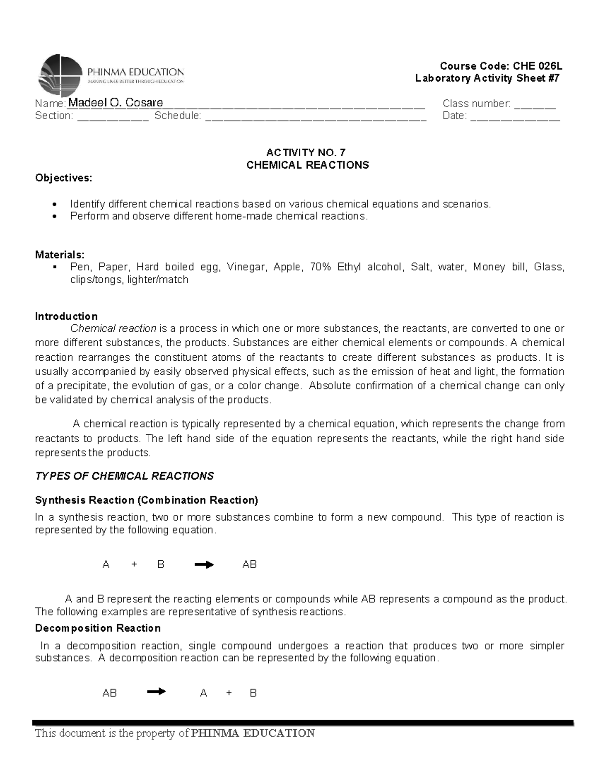LAS 7 Chemistry Activity sheets - Laboratory Activity Sheet # - Studocu