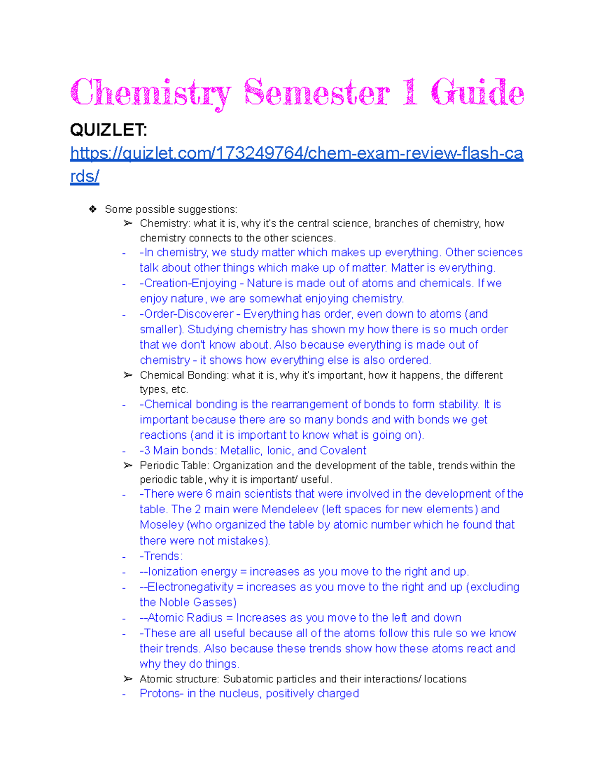Chemistry Sem. Overview - Chemistry Semester 1 Guide QUIZLET: - Studocu