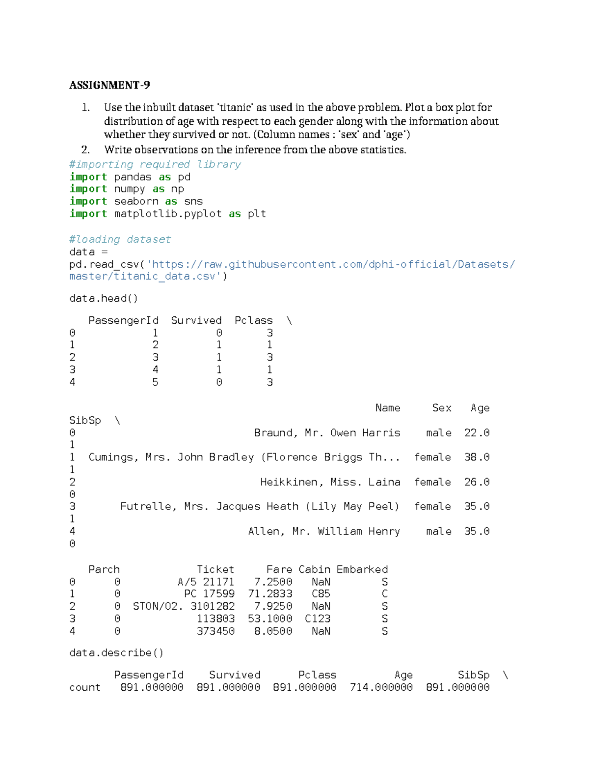 Dsbda LAB-9 - ASSIGNMENT- 1. Use the inbuilt dataset 'titanic' as used in the above problem ...