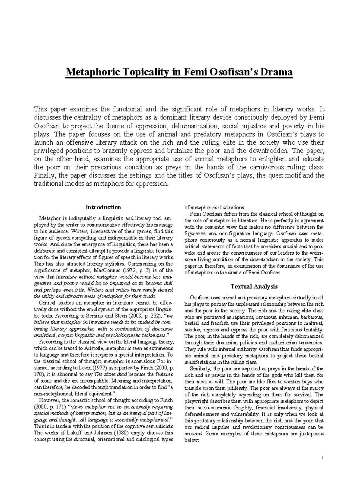 Metaphoric Topicality in Femi Osofisan’s Drama - 1 Metaphoric ...