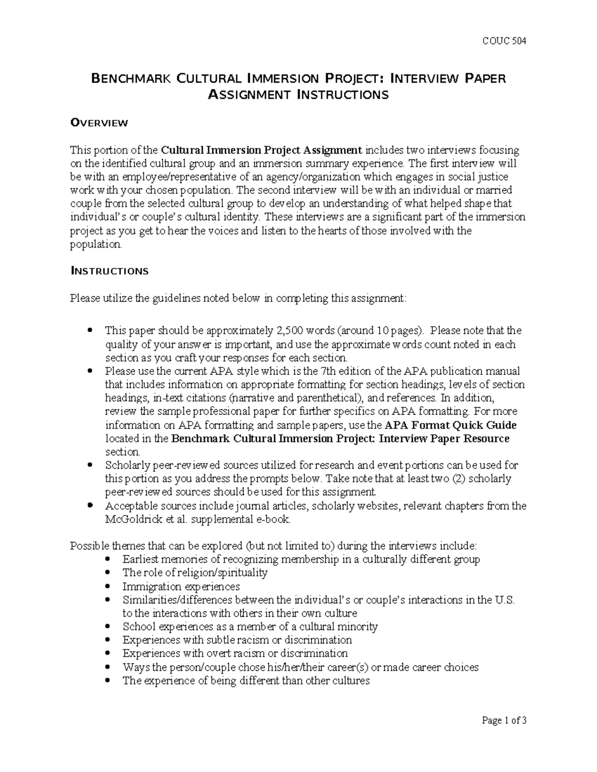 Benchmark Cultural Immersion Project Interview Paper Assignment ...