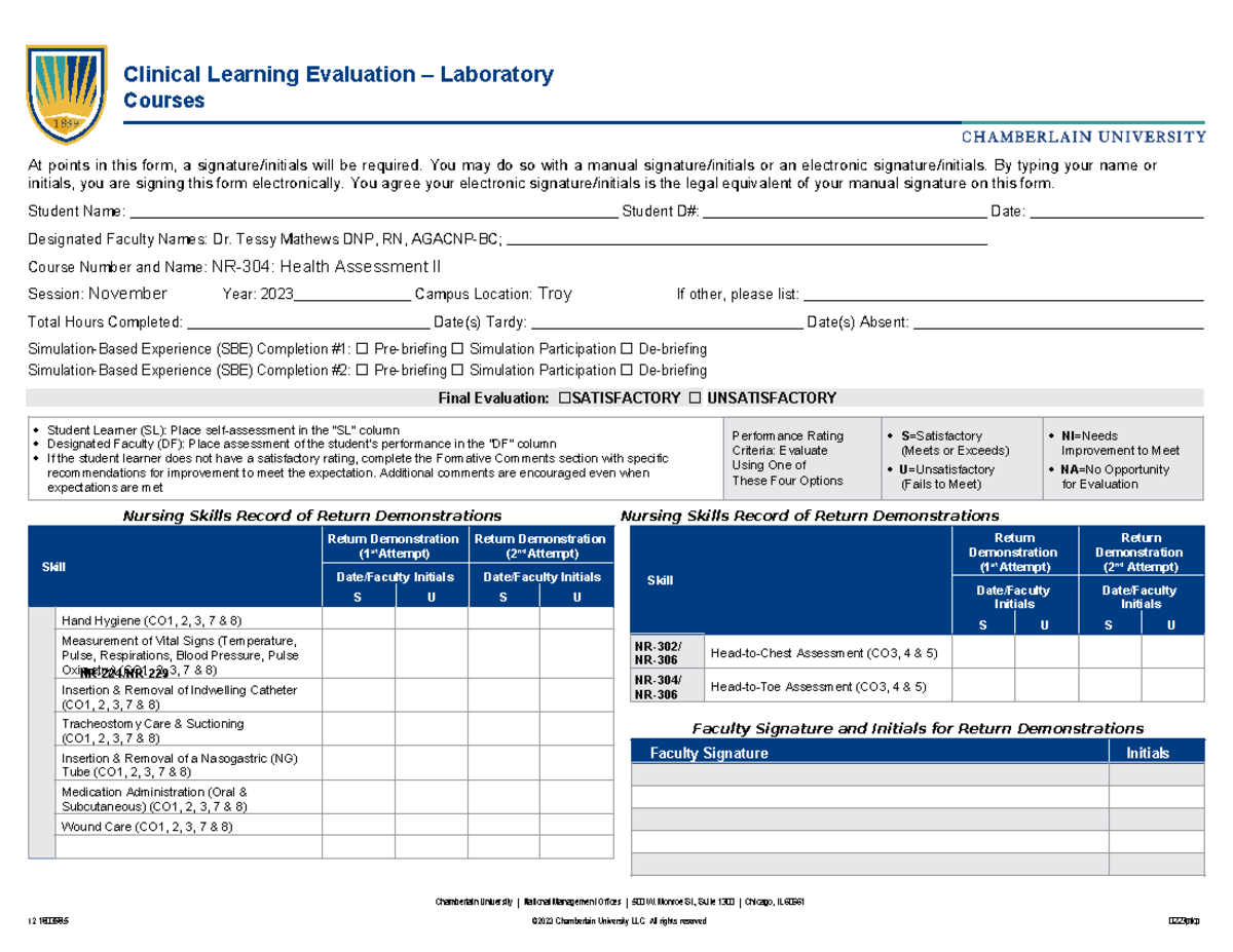 NR 304 Lab Clinical Learning Evaluation Form Nov23 - Courses ...