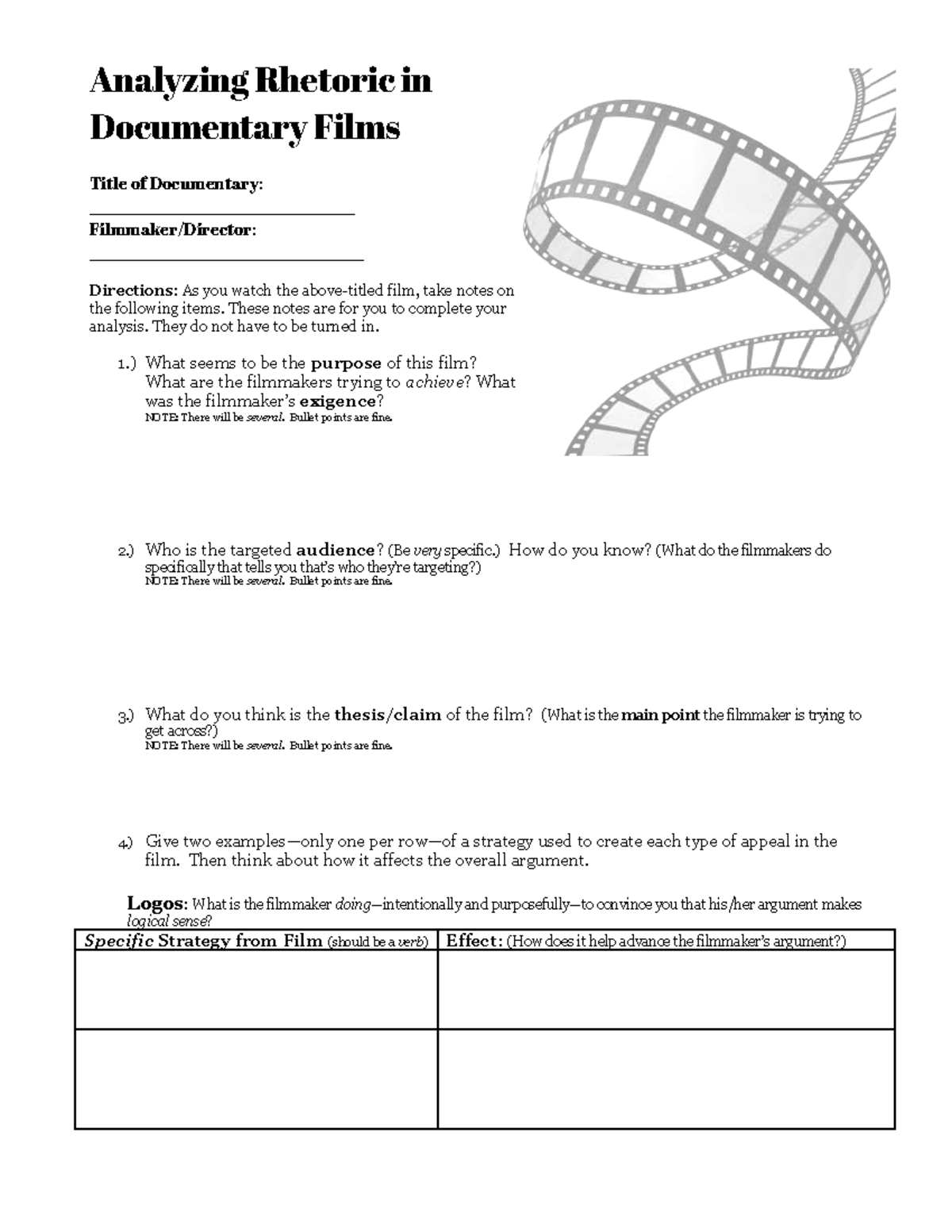 Documentary Film Analysis-Notes - Analyzing Rhetoric in Documentary ...