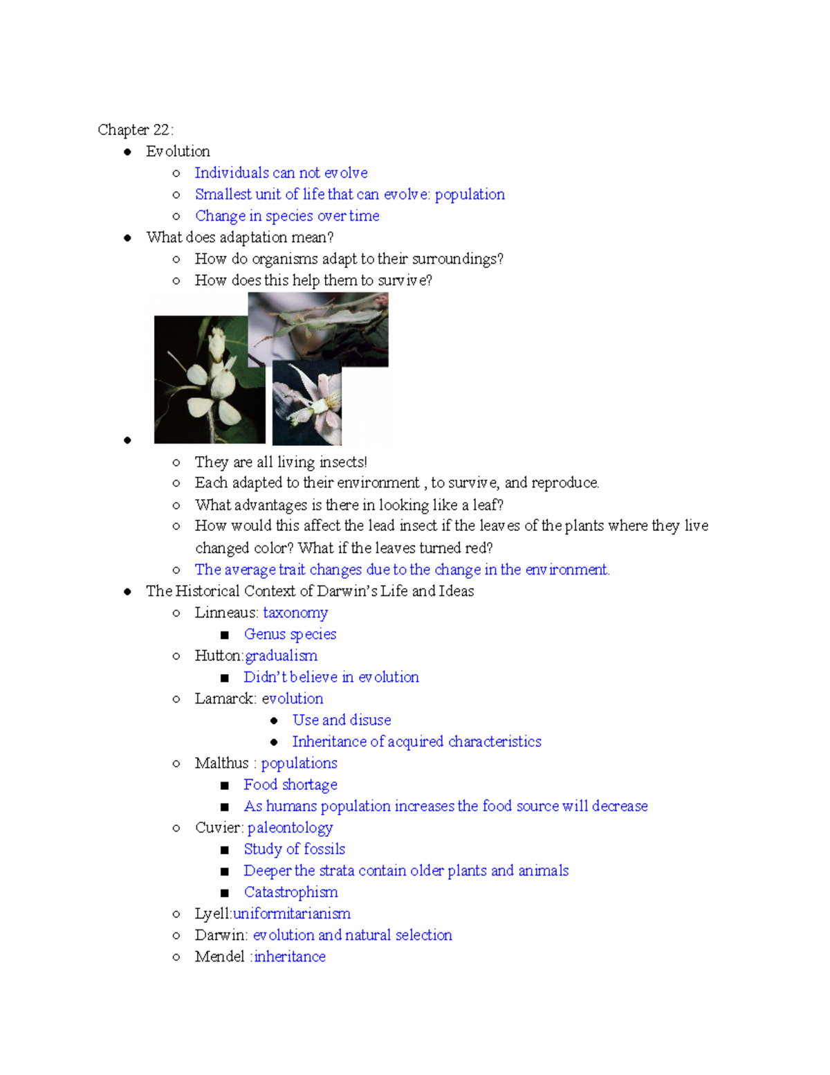 Test 1 - BIOL 1510 Exam 1 Notes - Chapter 22: Evolution Individuals can ...