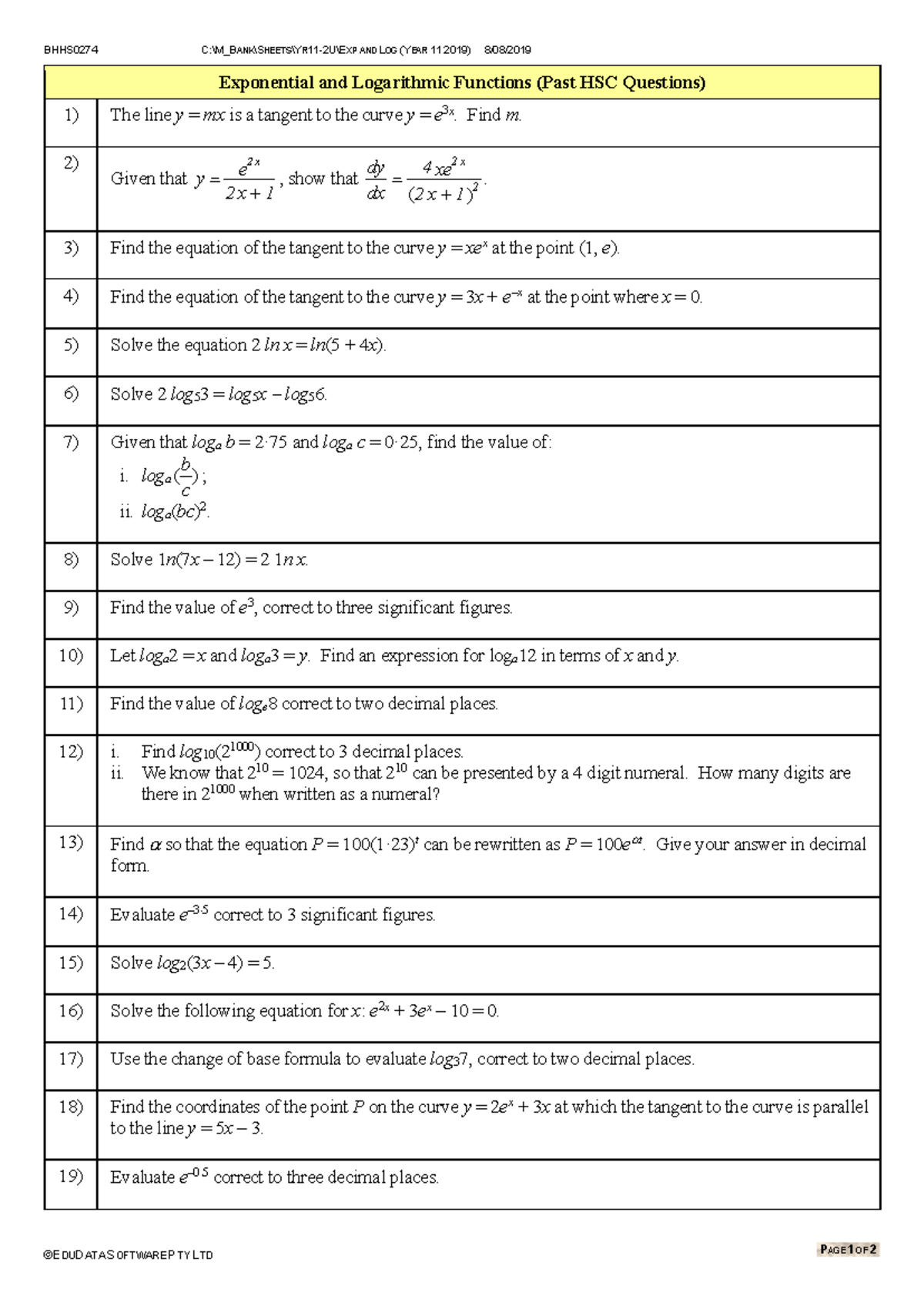 07 - Past HSC Questions - BHHS0274 C:\M_BANK\SHEETS\YR11-2U\EXP AND LOG ...
