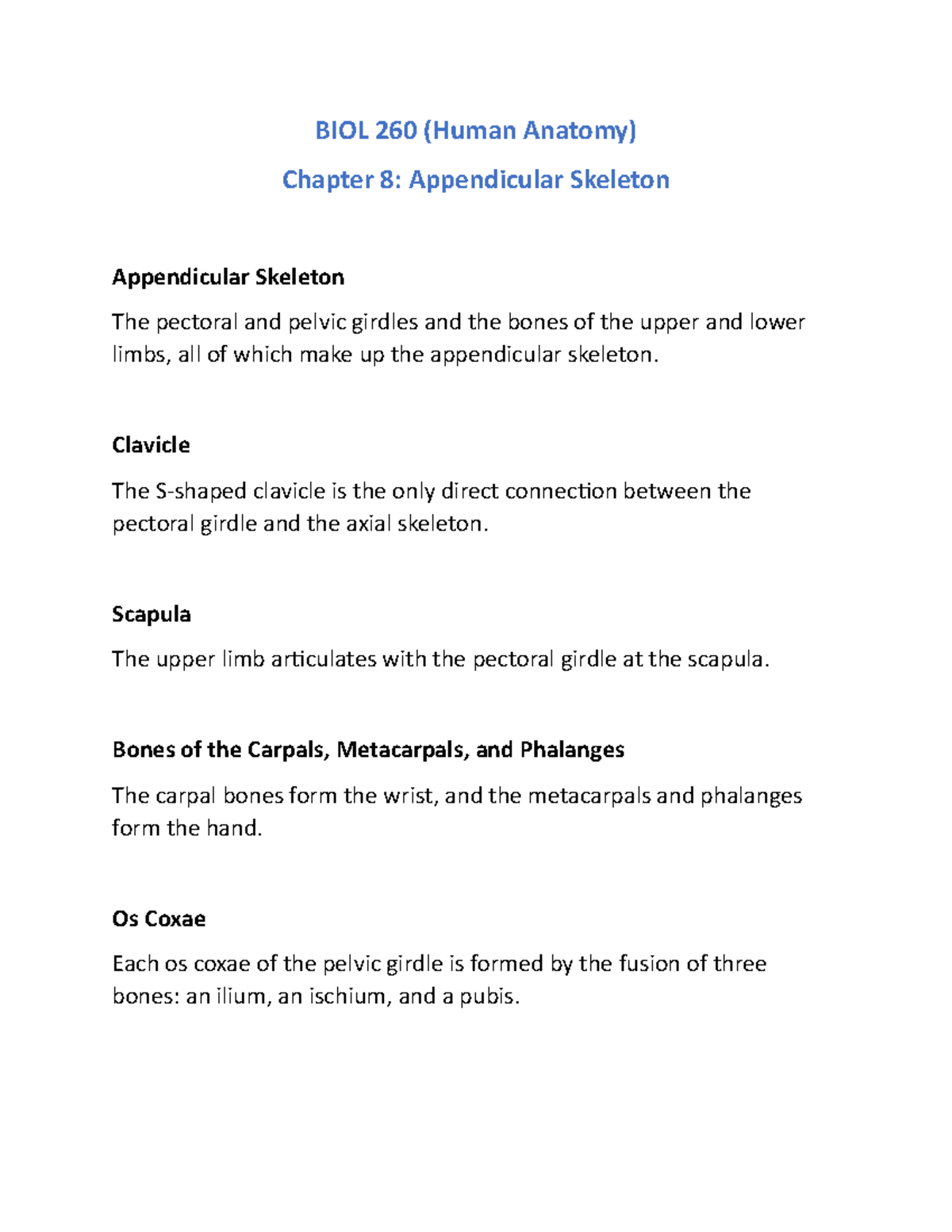 Anatomy Ch 8 (Notes) - BIOL 260 (Human Anatomy) Chapter 8: Appendicular ...