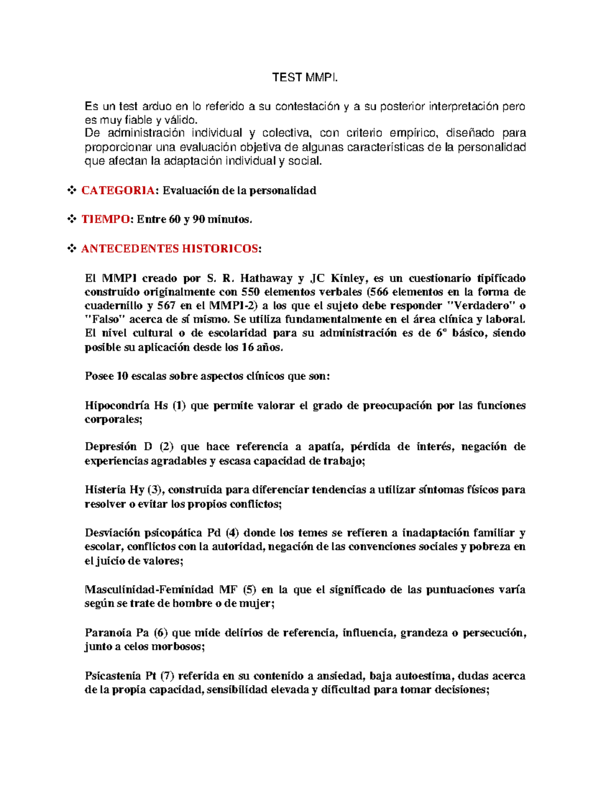 Idoc - WEEWEW - TEST MMPI. Es un test arduo en lo referido a su ...