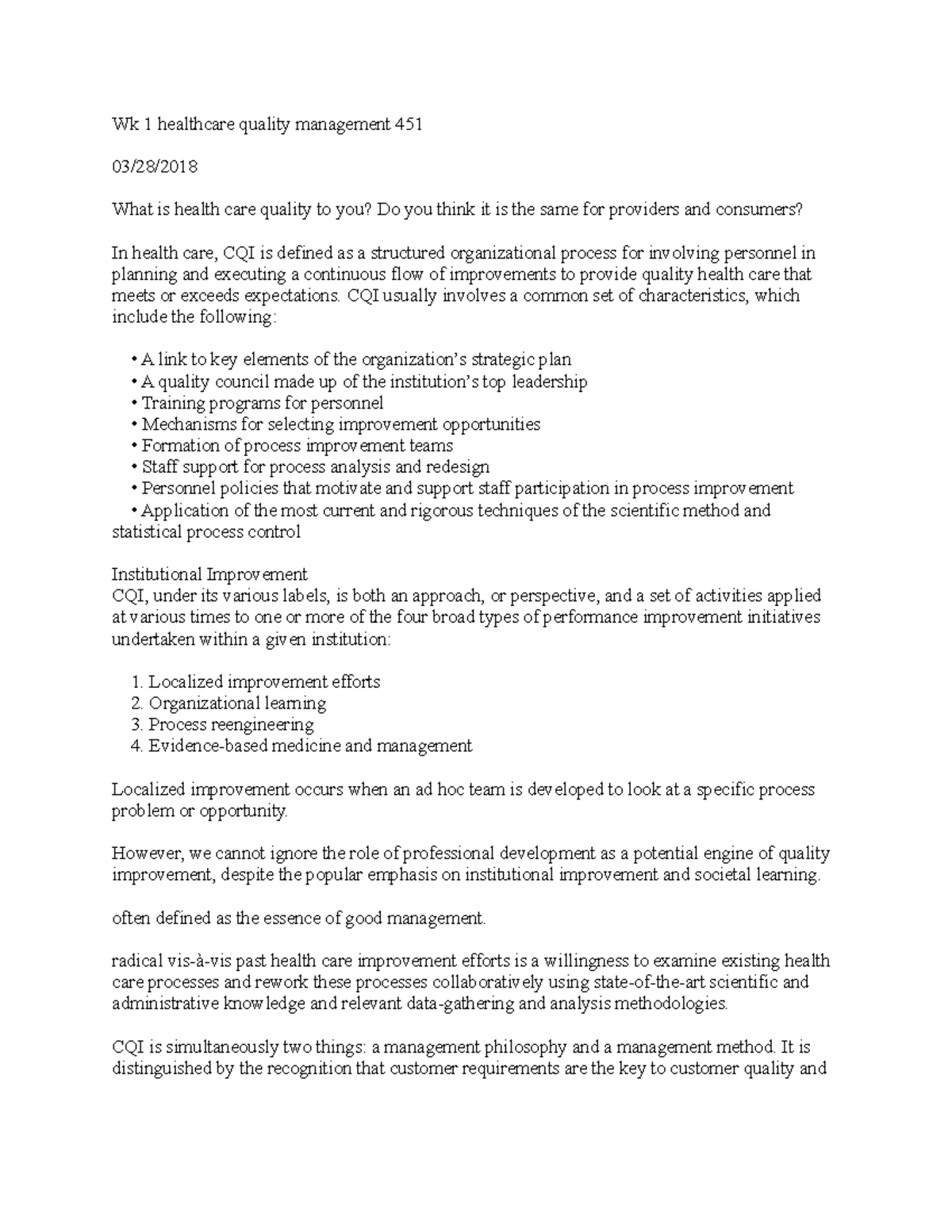 Wk 1 healthcare quality Notes - Wk 1 healthcare quality management 451 ...
