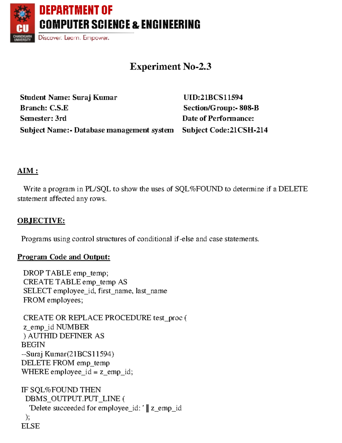 DBMS 2.3 Worksheet - COMPUTER SCIENCE & ENGINEERING Experiment No-2. Student Name: Suraj Kumar ...