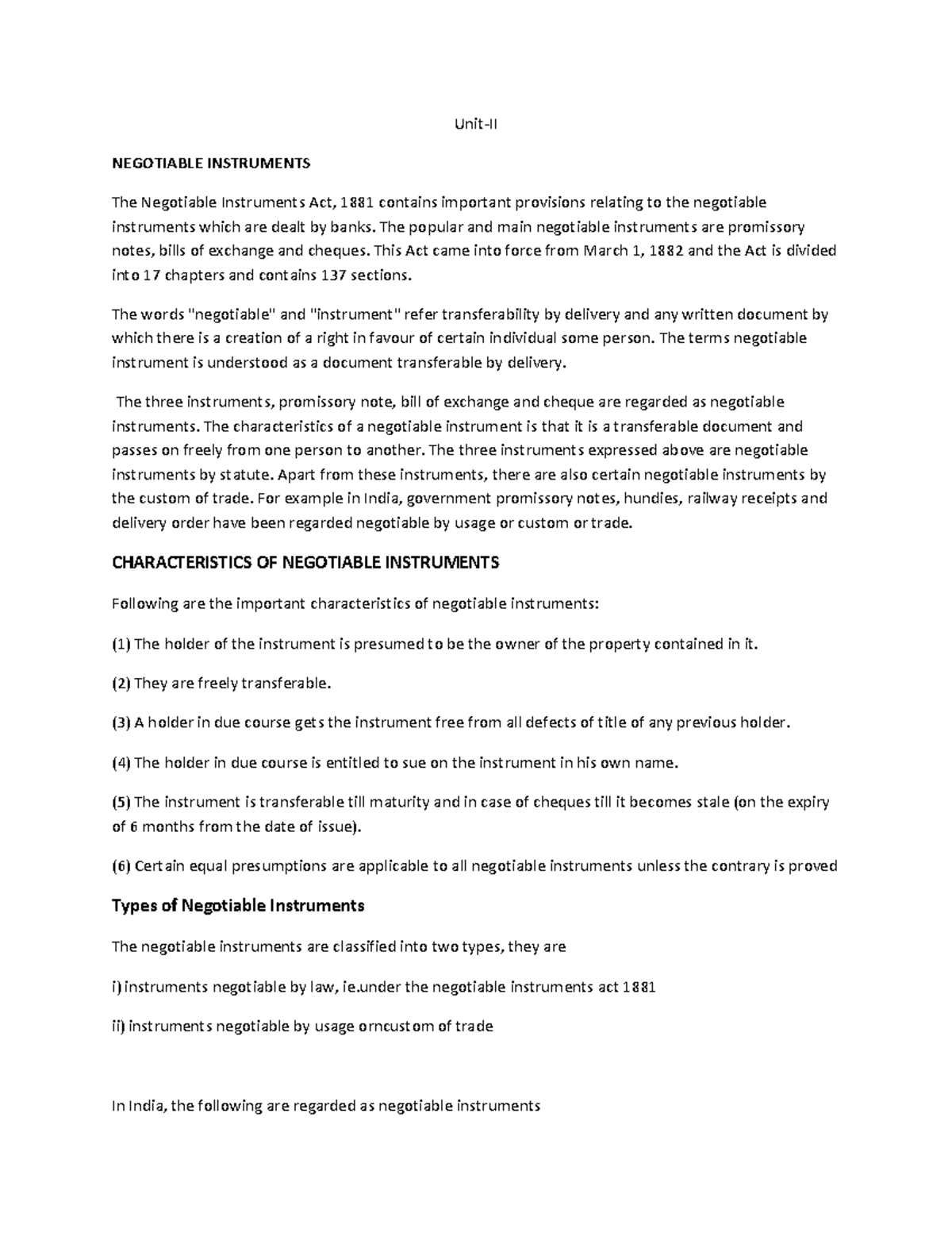 Cheques notes - Negotiable instruments - Unit-II NEGOTIABLE INSTRUMENTS ...