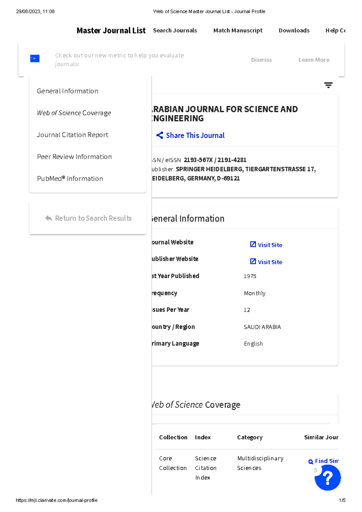 Web of Science Master Journal List - Journal Profile AJSE - Master ...