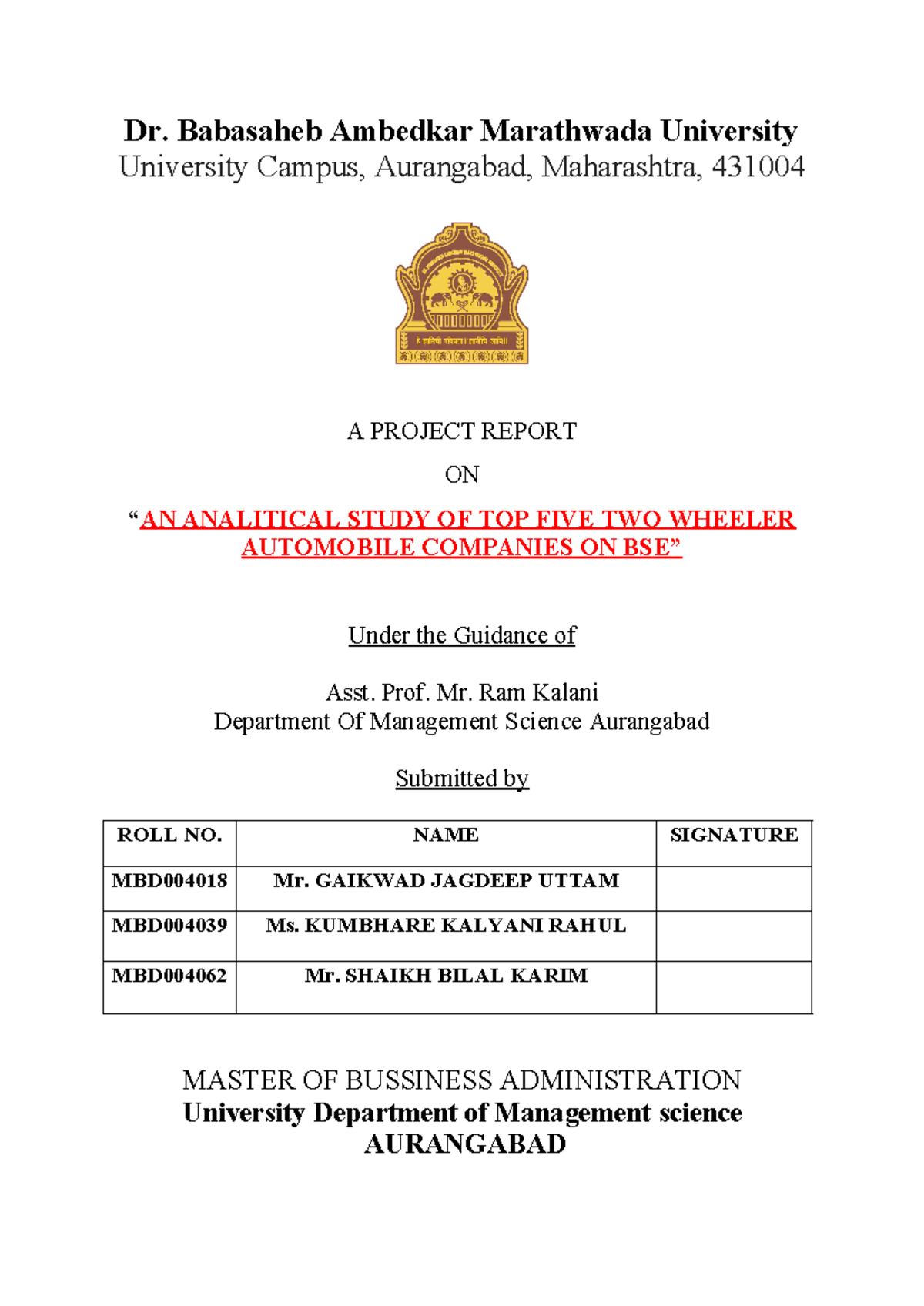 Mba compulsory Project report - Dr. Babasaheb Ambedkar Marathwada ...