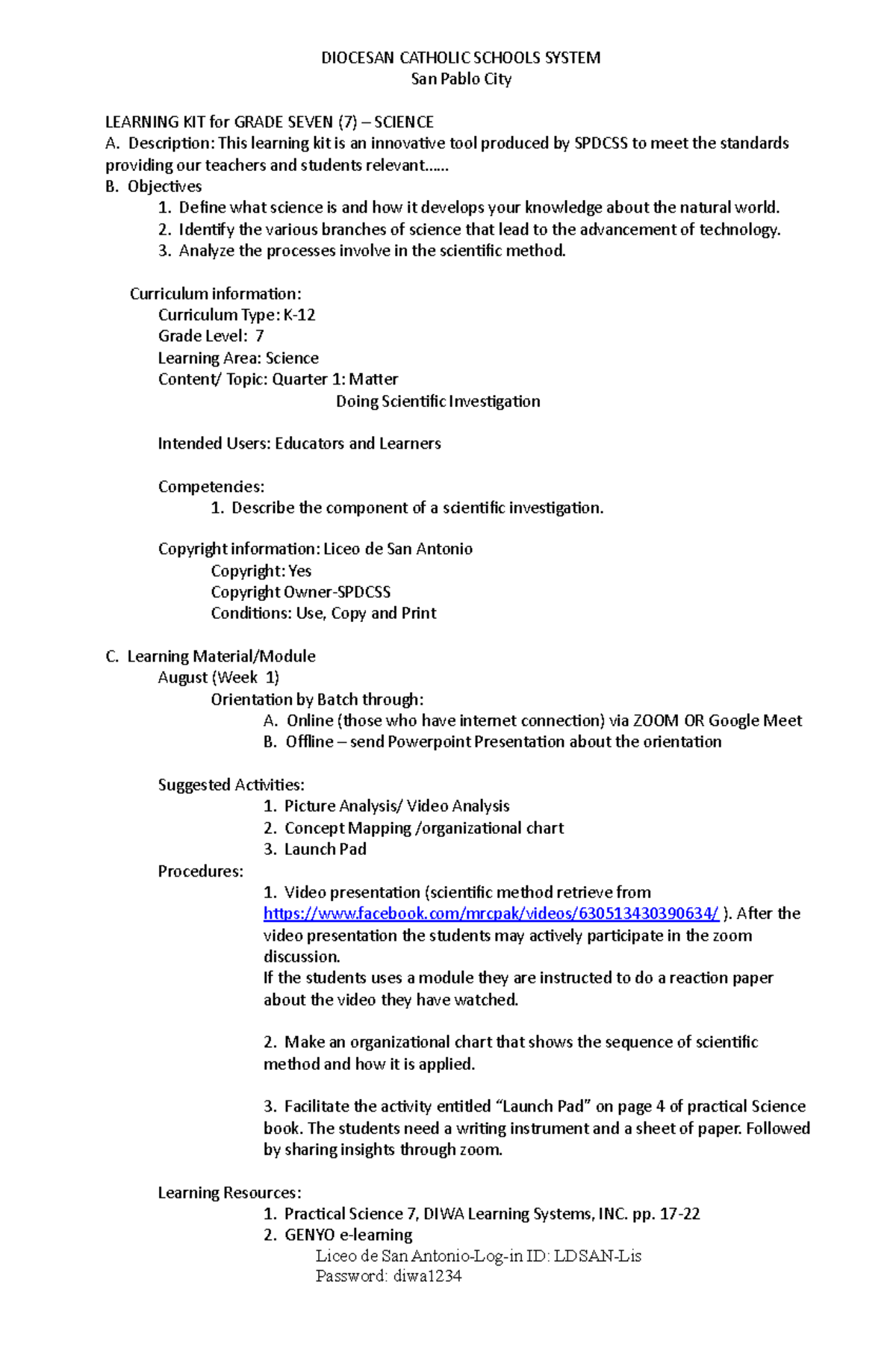 Learning kit for grade 7 science - DIOCESAN CATHOLIC SCHOOLS SYSTEM San ...