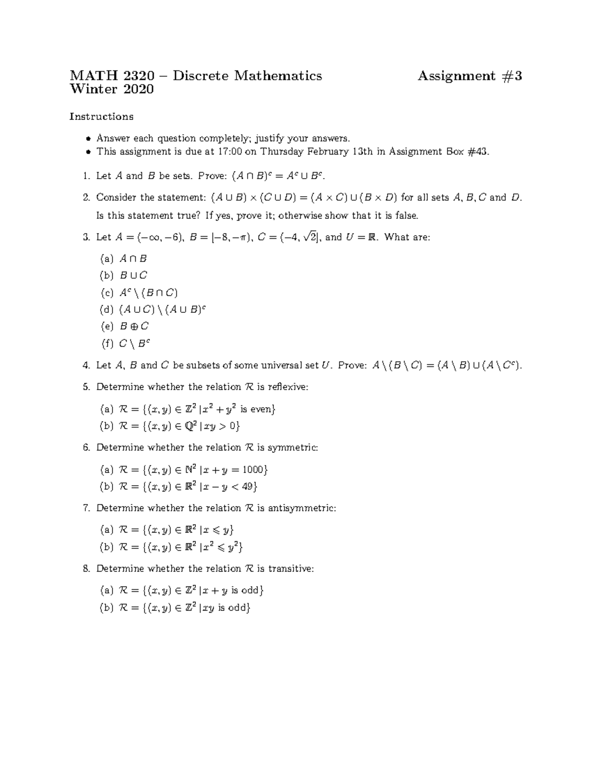Assn3 - Assignments - MATH 2320 – Discrete Mathematics Assignment ...