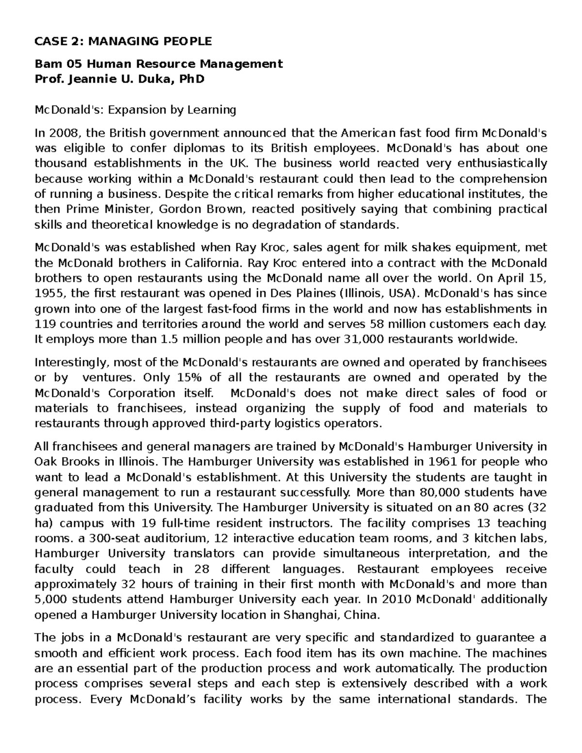 CASE 2 Mc Donalds Training - CASE 2: MANAGING PEOPLE Bam 05 Human ...