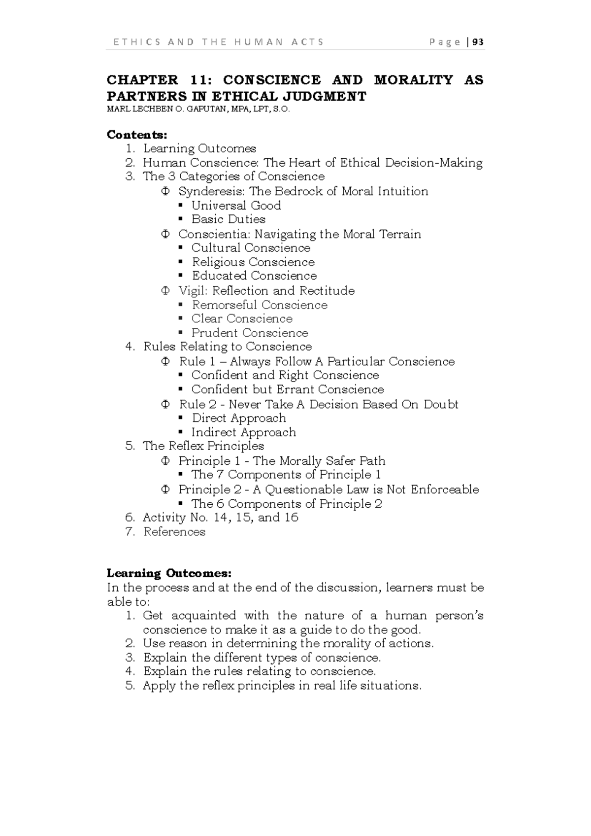 Week 14 15 Conscience And Morality as Partners in Ethical Judgment - CHAPTER 11: CONSCIENCE AND ...