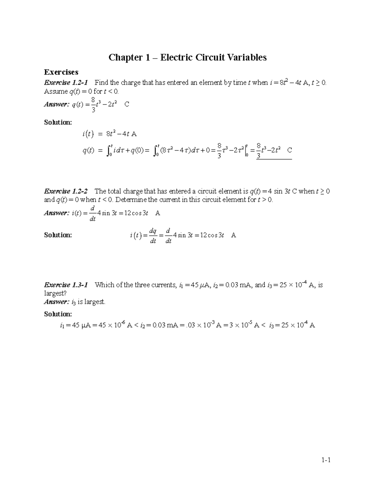 1장 - 기재료 - Chapter 1 – Electric Circuit Variables ####### Exercises Exercise 1-1 Find the charge ...