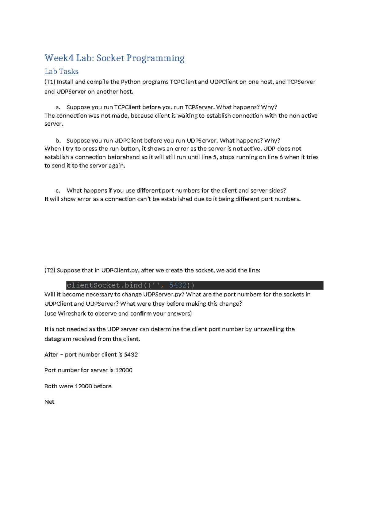 Week4-Lab - lab notes. - Week4 Lab: Socket Programming Lab Tasks (T1 ...