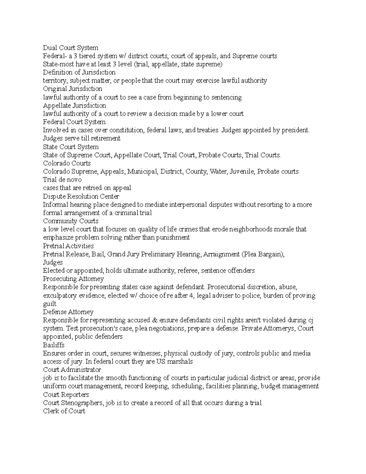 Cj 3 - notes - Dual Court System Federal- a 3 tiered system w/ district ...