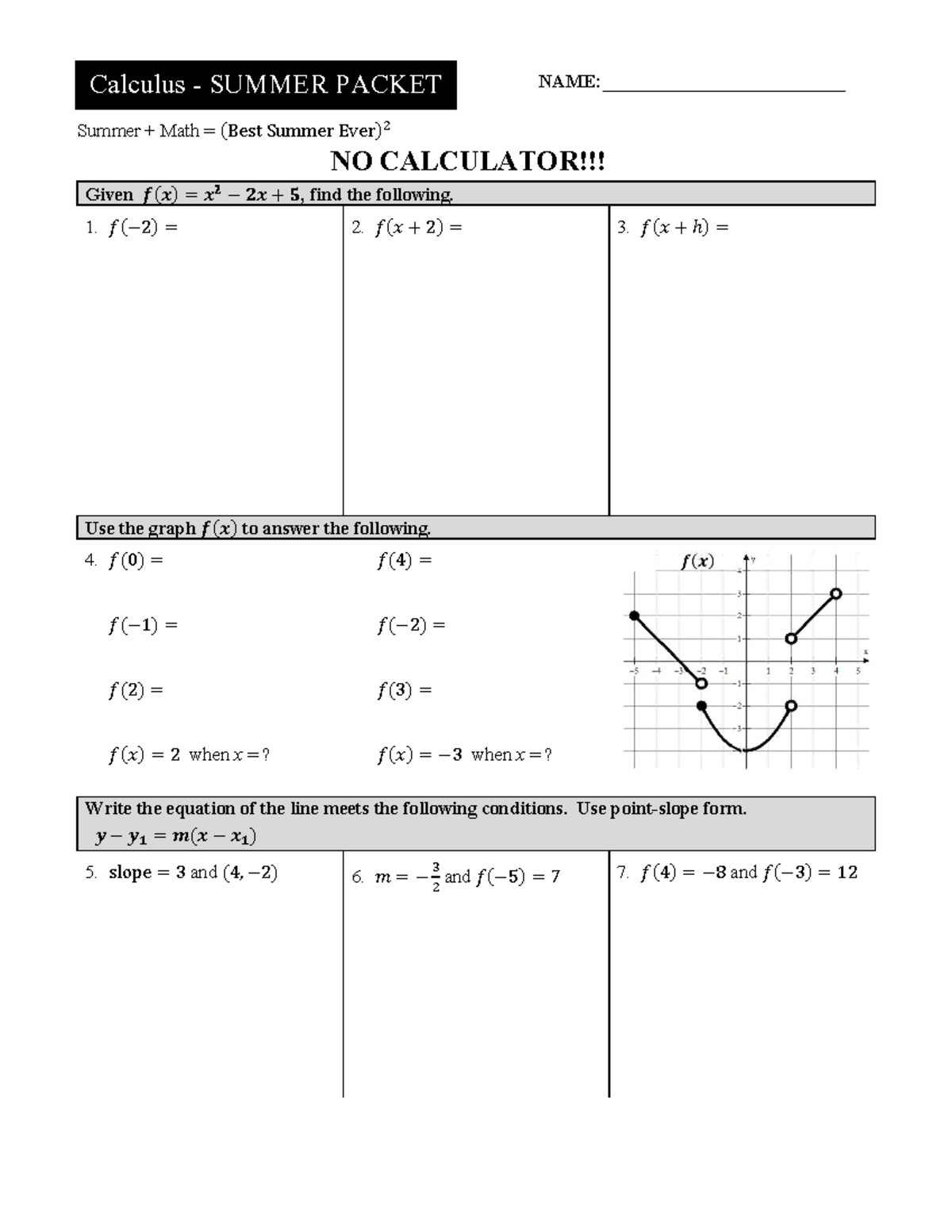 Calc summer packet - NAME:__________________________ Summer + Math ...