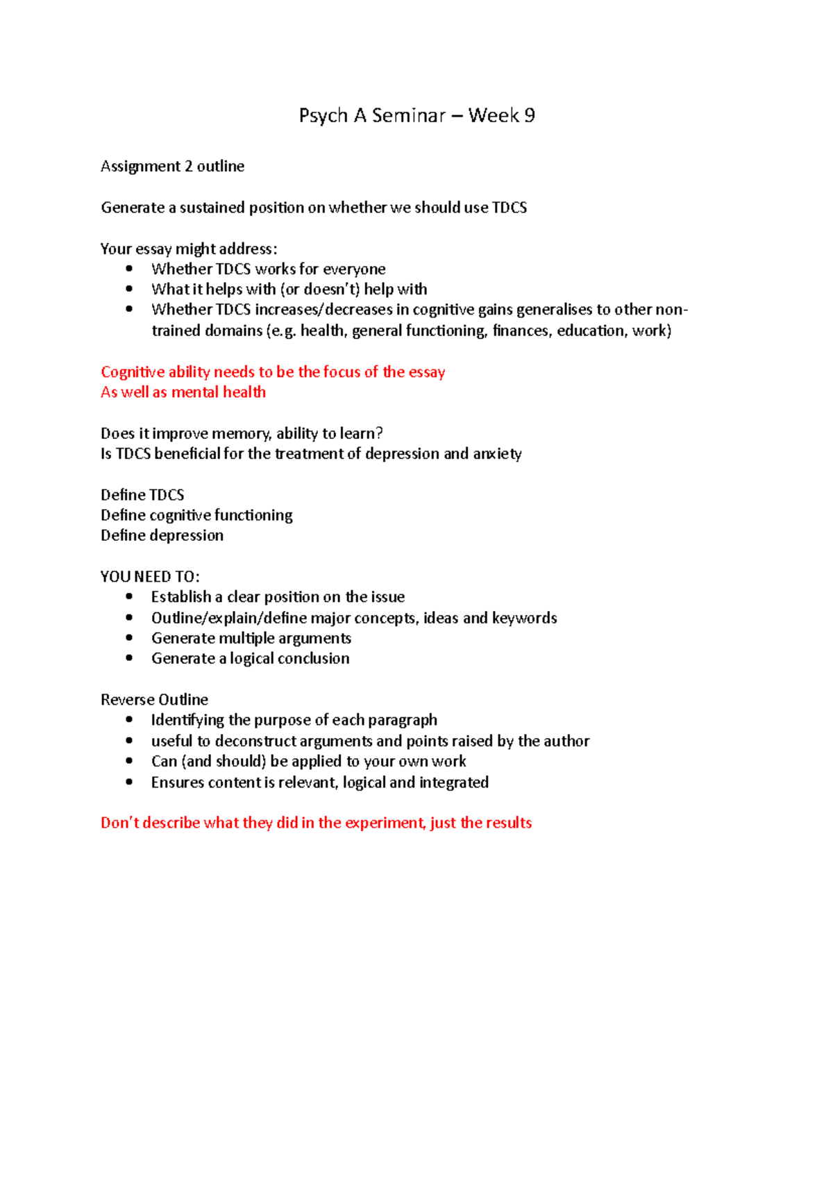Week 9 - Assignment 2 Outline Seminar - Psych A Seminar – Week 9 ...