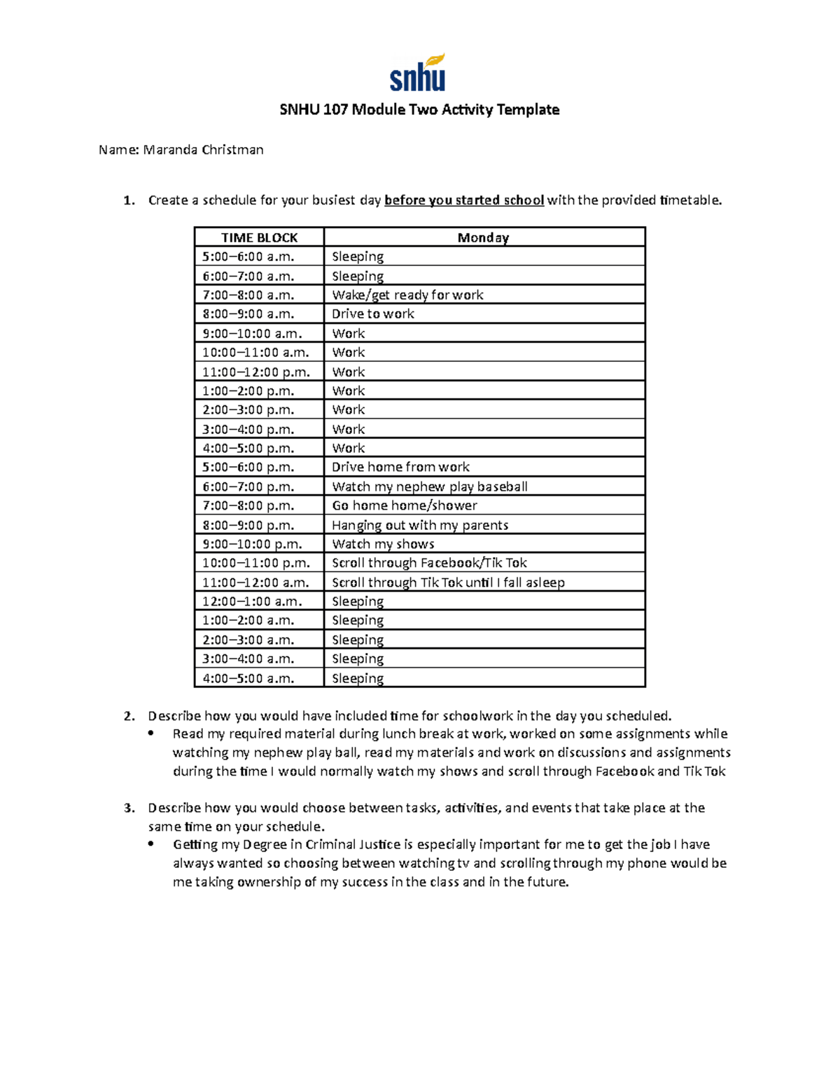 Week 2 Activity Personal Scheduling - Copy - SNHU 107 Module Two ...