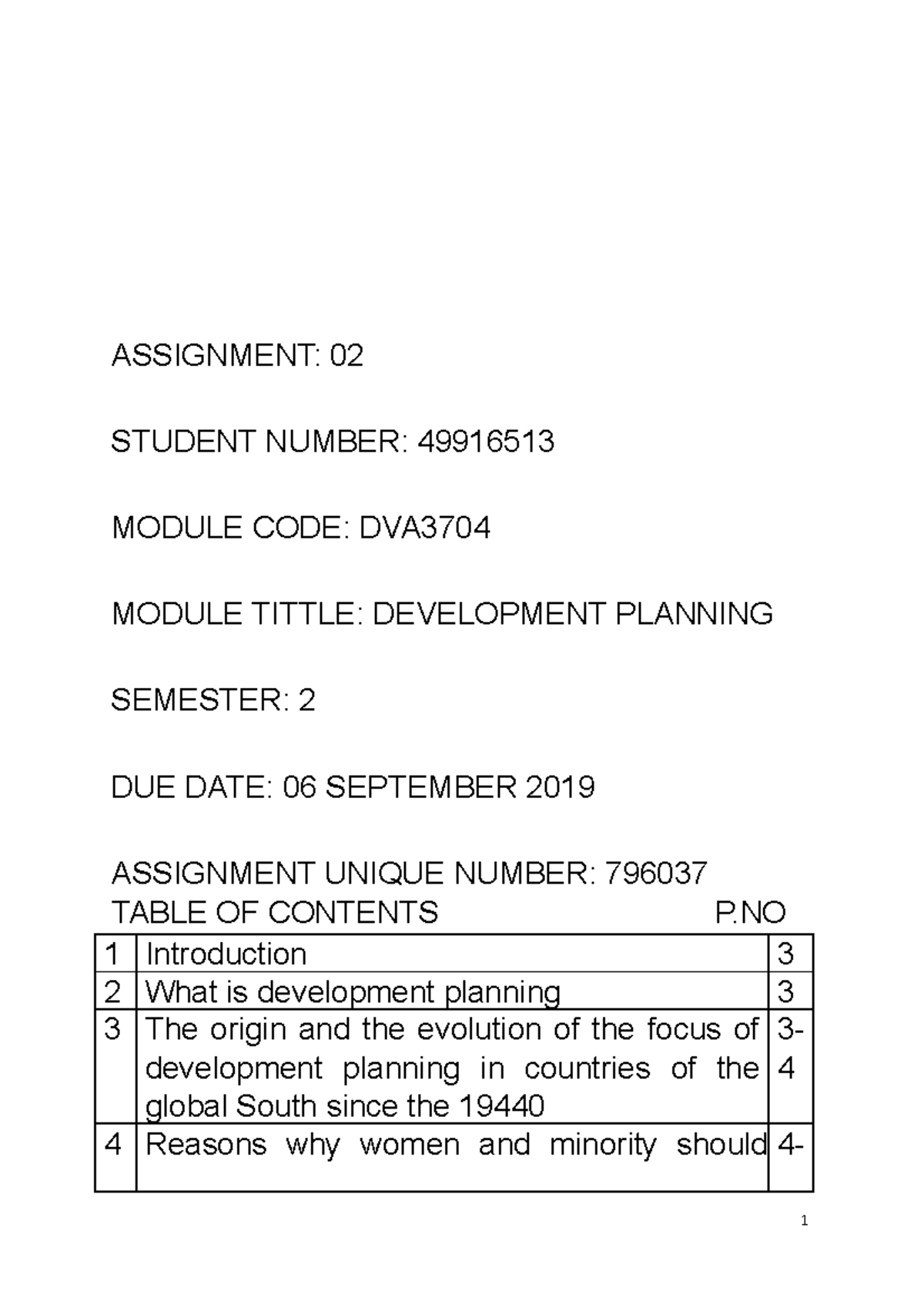 Development planning essay - ASSIGNMENT: 02 STUDENT NUMBER: 49916513 MODULE CODE: DVA MODULE ...