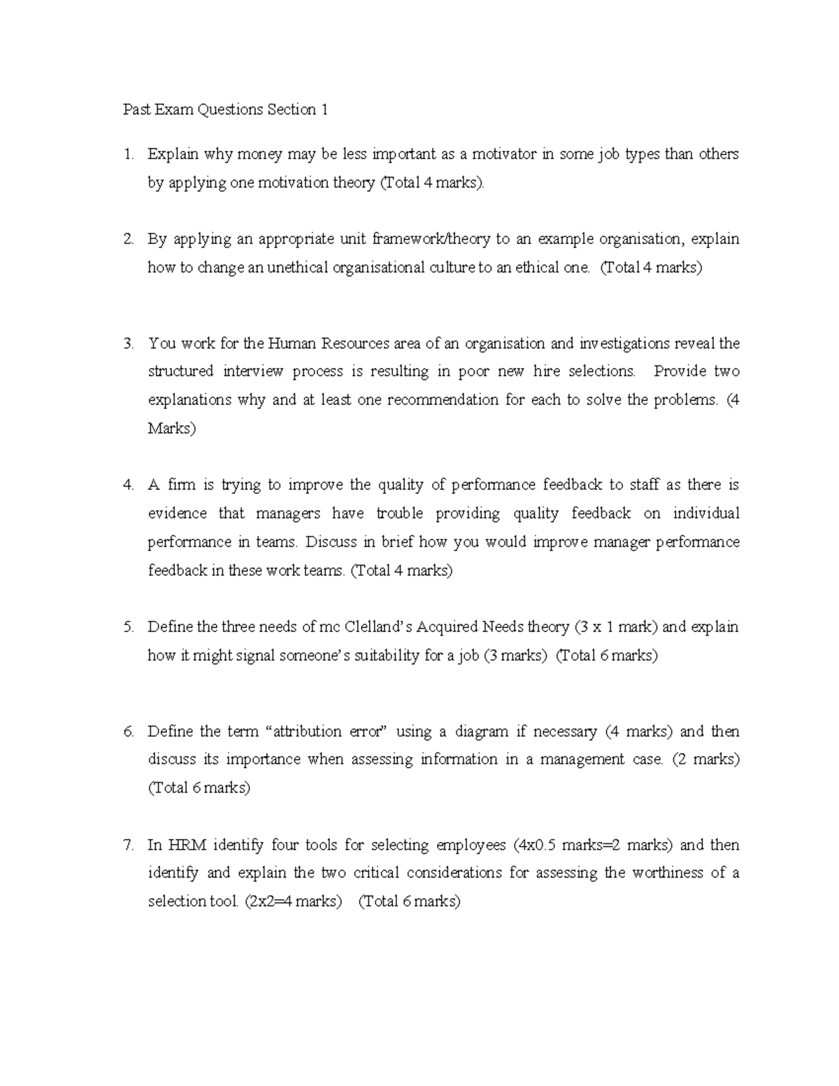 Past Exam Questions - Past exam - Past Exam Questions Section 1 Explain ...