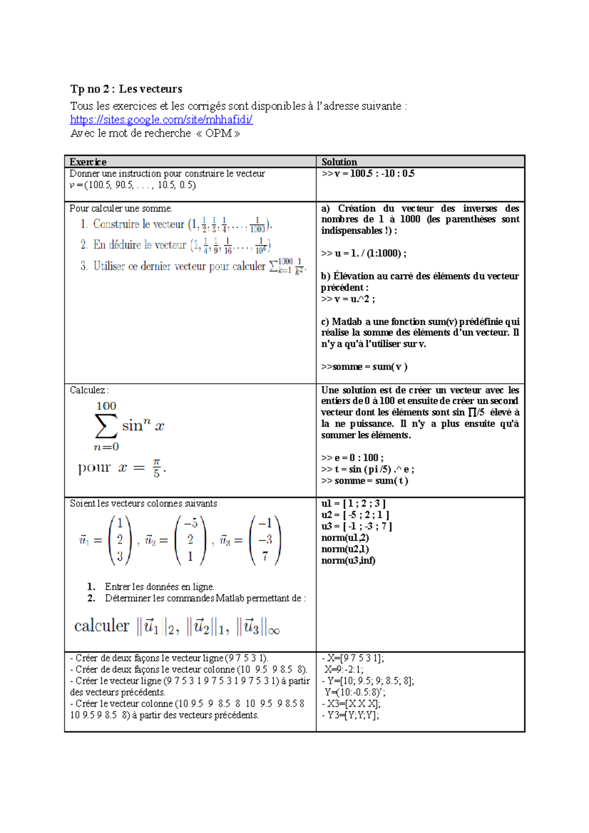OPM-TP2 - Matlab course for first year. - Tp no 2 : Les vecteurs Tous les exercices et les ...