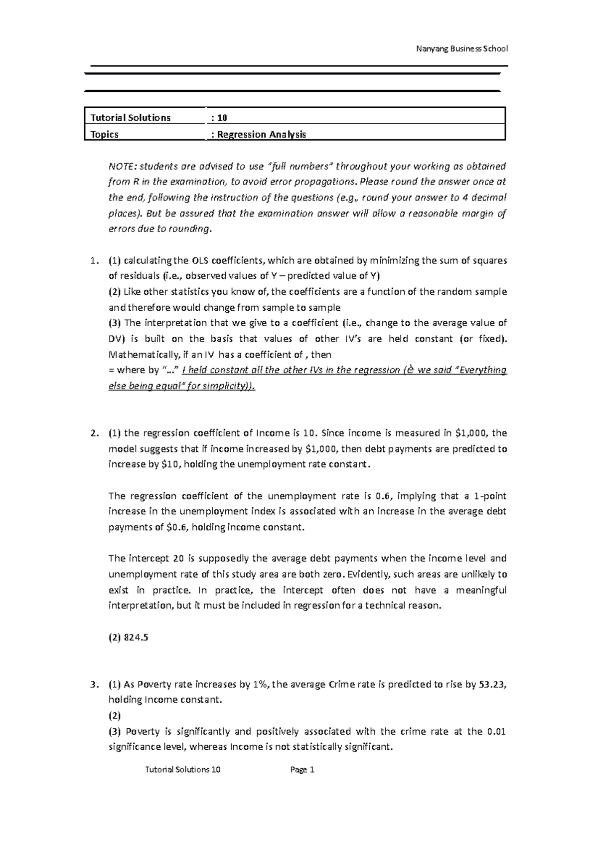 Solutions week 10 - NIL - Tutorial Solutions : 10 Topics : Regression Analysis NOTE: students ...