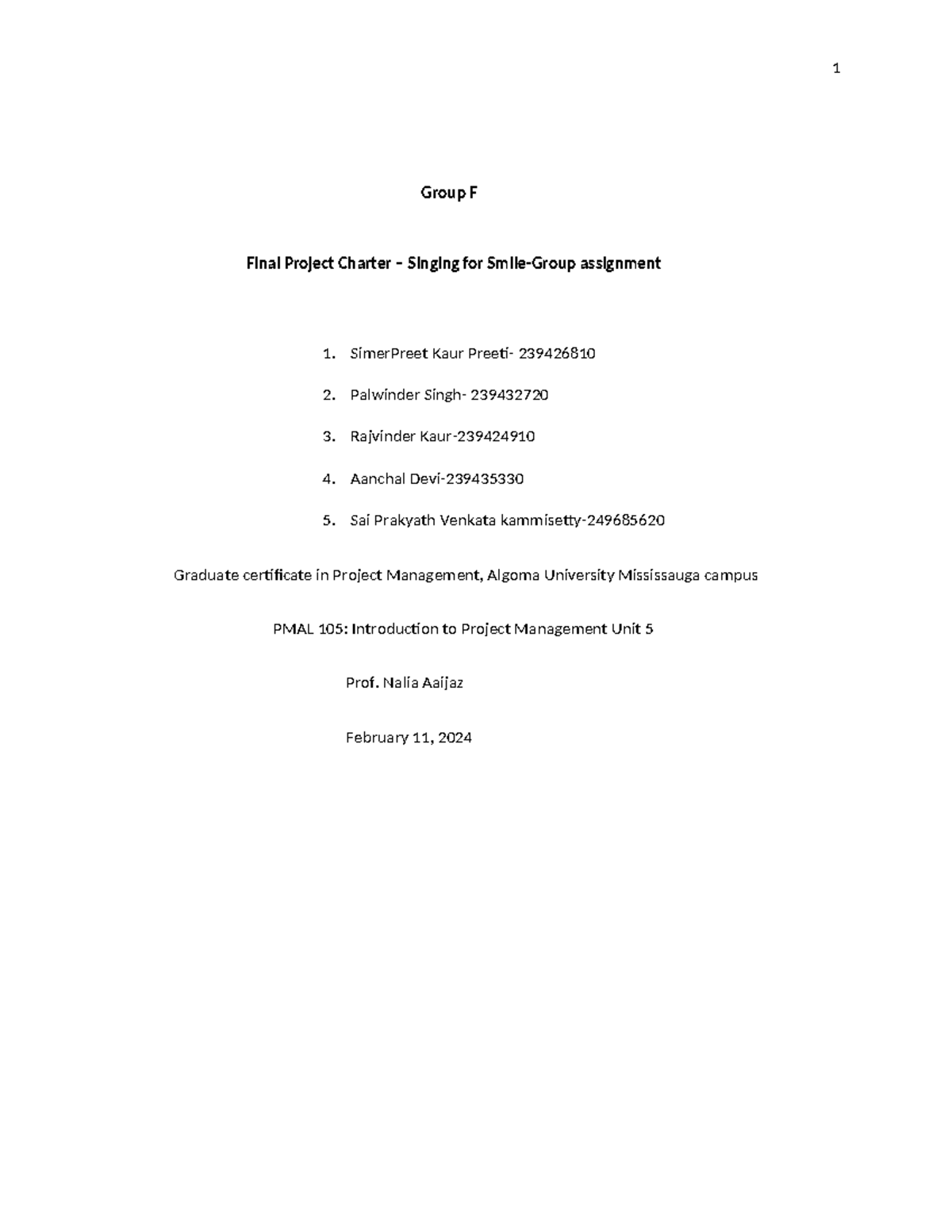 PMAL 105 Group F( new) - assignment of pmal 105 - Group F Final Project Charter – Singing for ...