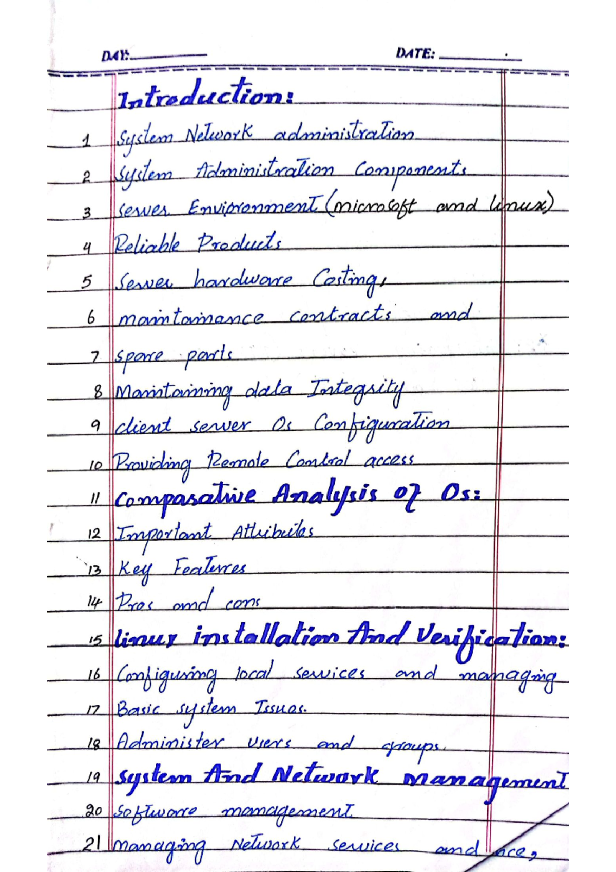 System and network administration - DAY DATE: Introduction: 1 system Network administration 2 ...