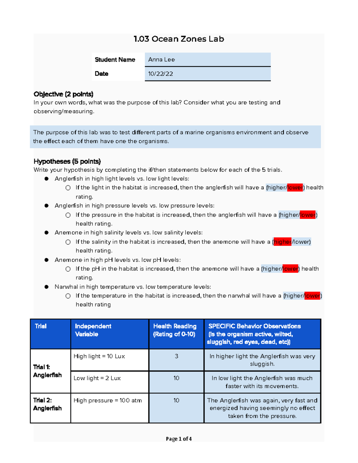 1.03 Lab Report - Ocean zones assignment - 1 Ocean Zones Lab Student Name Anna Lee Date 10/22 ...