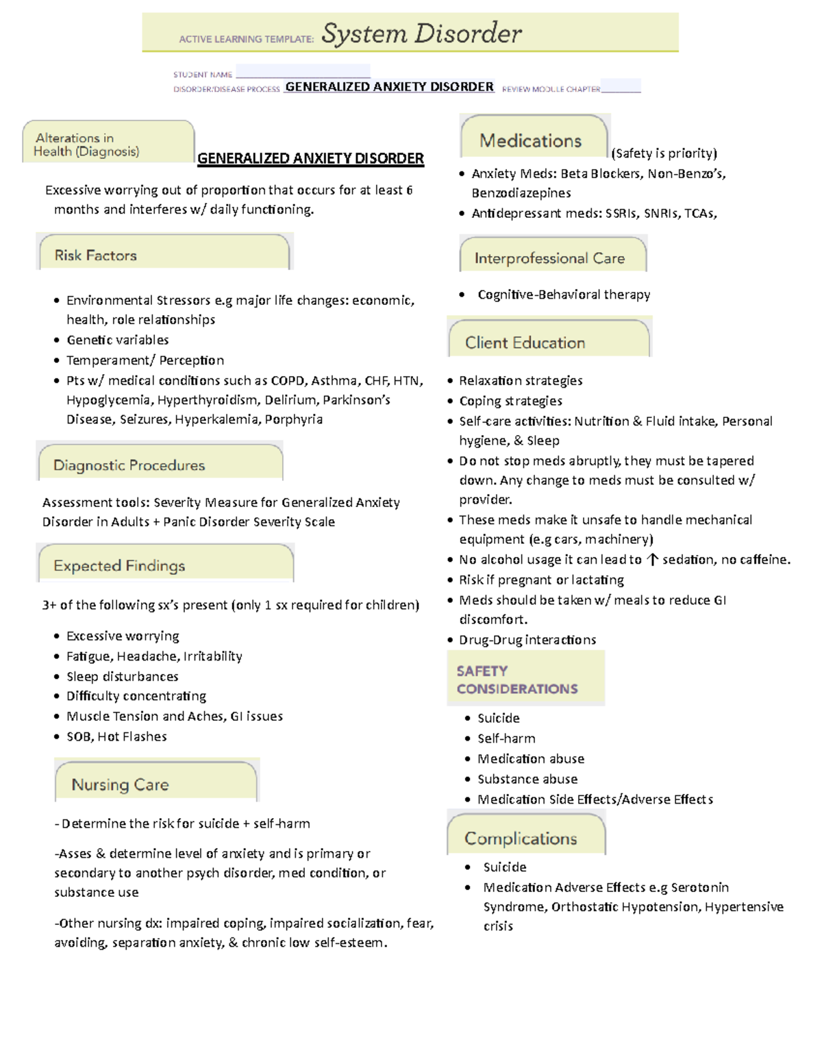 Generalized Anxiety Disorder System Form - GENERALIZED ANXIETY DISORDER ...