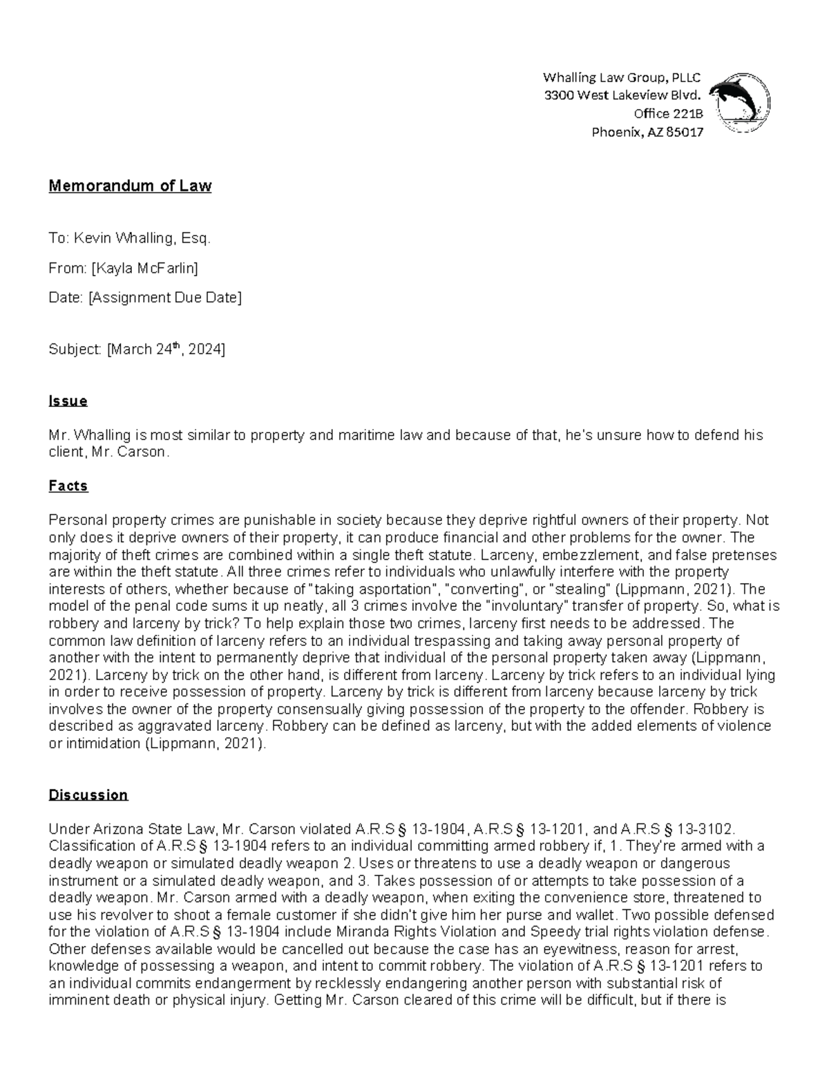 JUS430 T5 Memorandum of Law 3 - Whalling Law Group, PLLC 3300 West ...
