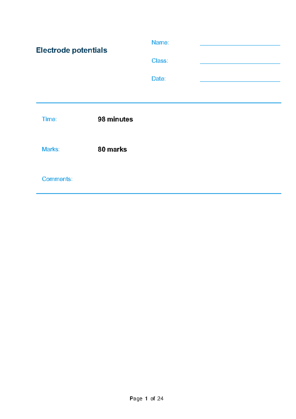 Electrodepotentials - practice questions - Electrode potentials Name