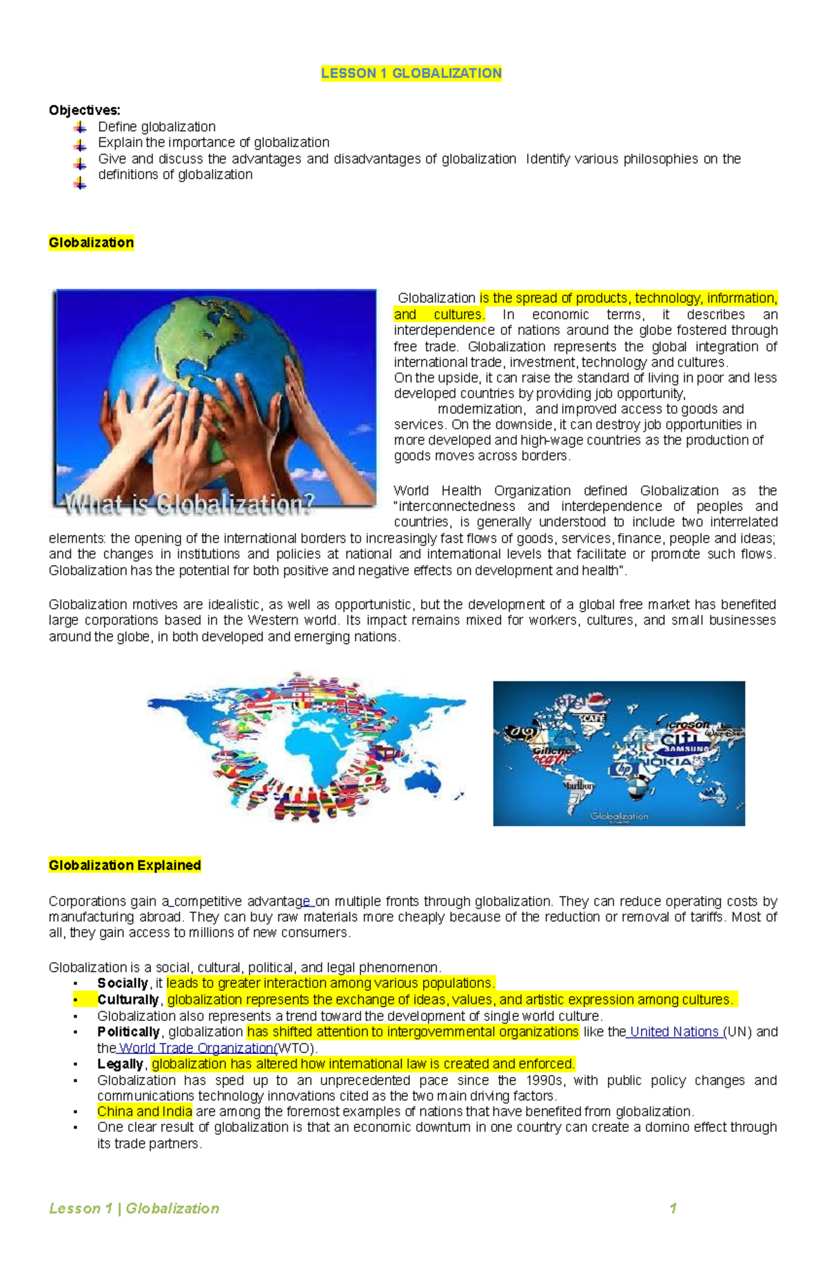 Lesson 1 to 3 In Contemporary World - LESSON 1 GLOBALIZATION Objectives ...
