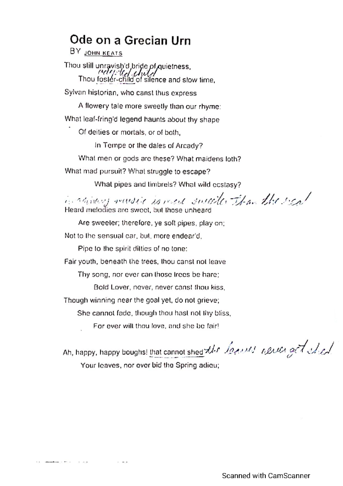 Poetry - Ode on a Grecian Urn - M. A English Literature - Studocu