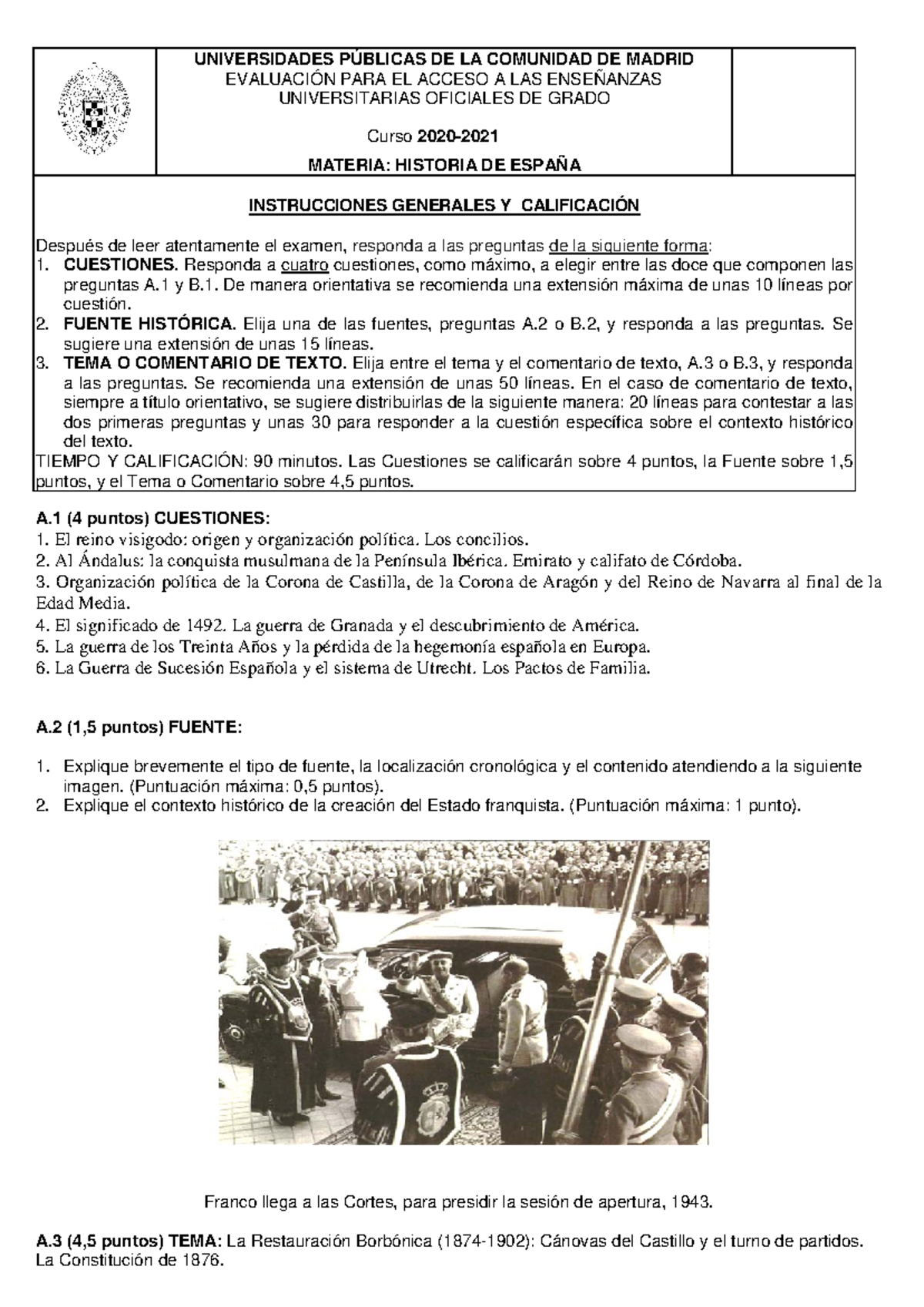 Examen Historia de España de la Comunidad de Madrid (Ordinaria de 2021 ...