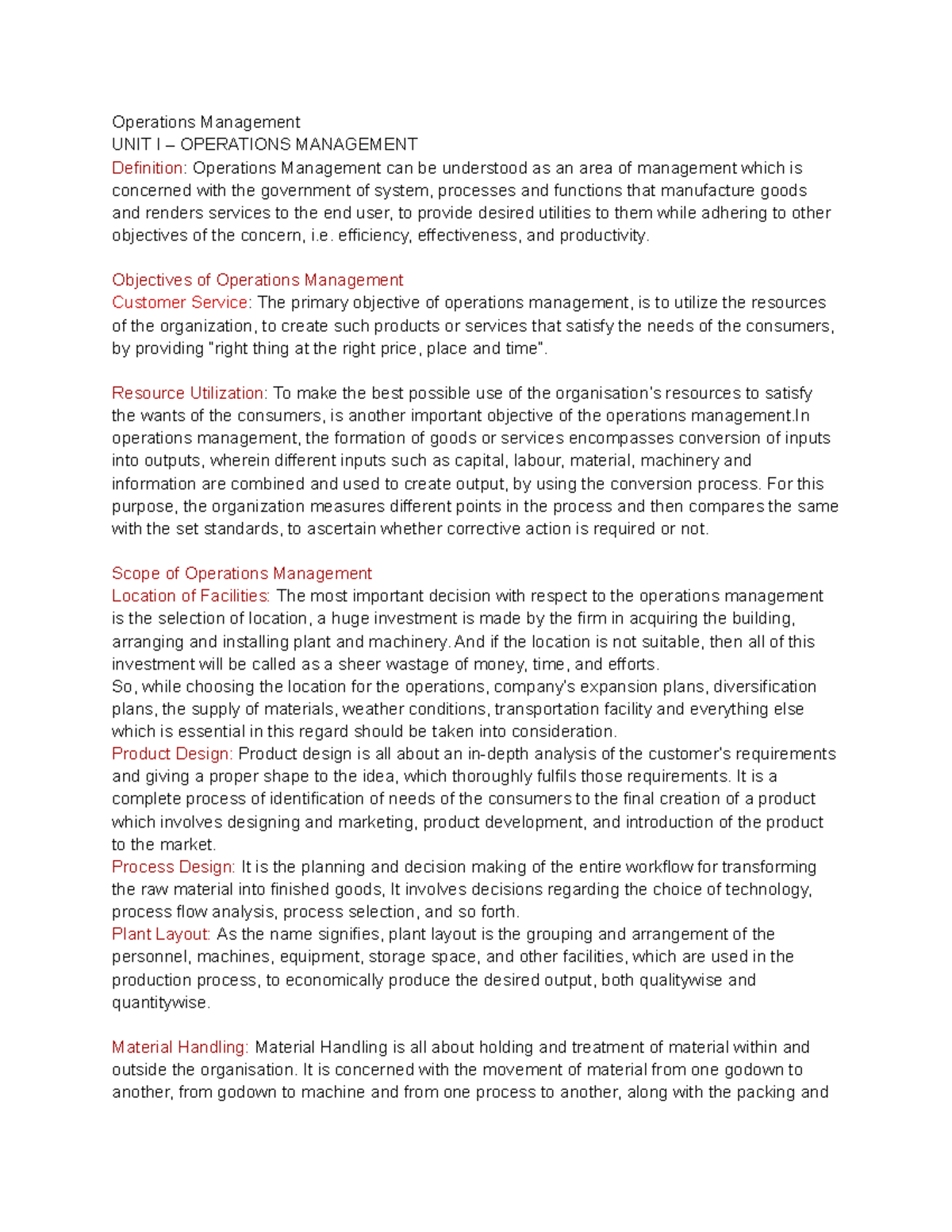 OM - Notes - Operations Management UNIT I – OPERATIONS MANAGEMENT ...