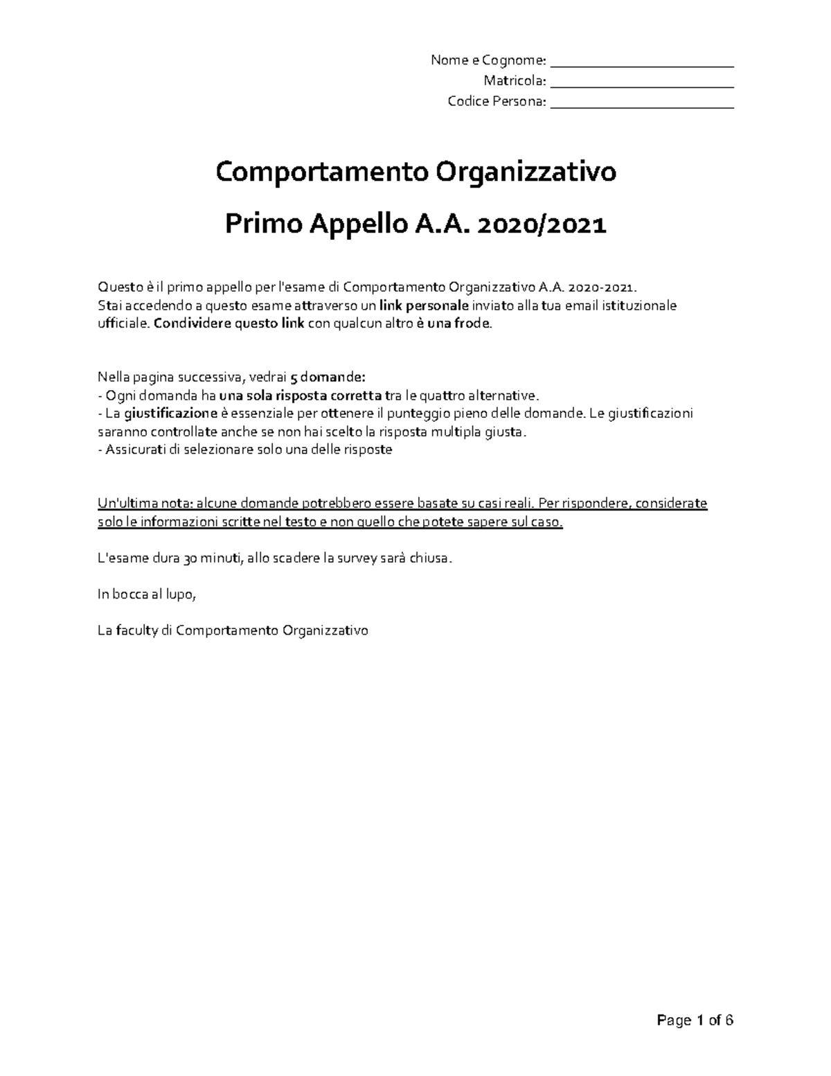 Primo Appello Soluzione - Matricola: ______________________ Codice ...