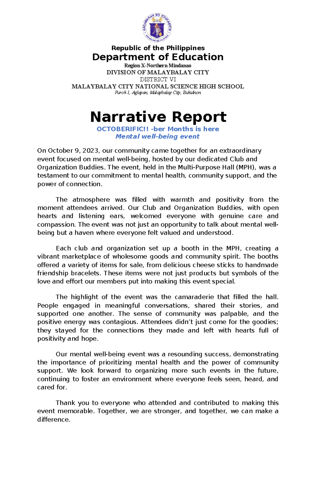 SSLG- Narrative-Octoberific mental health - Republic of the Philippines ...