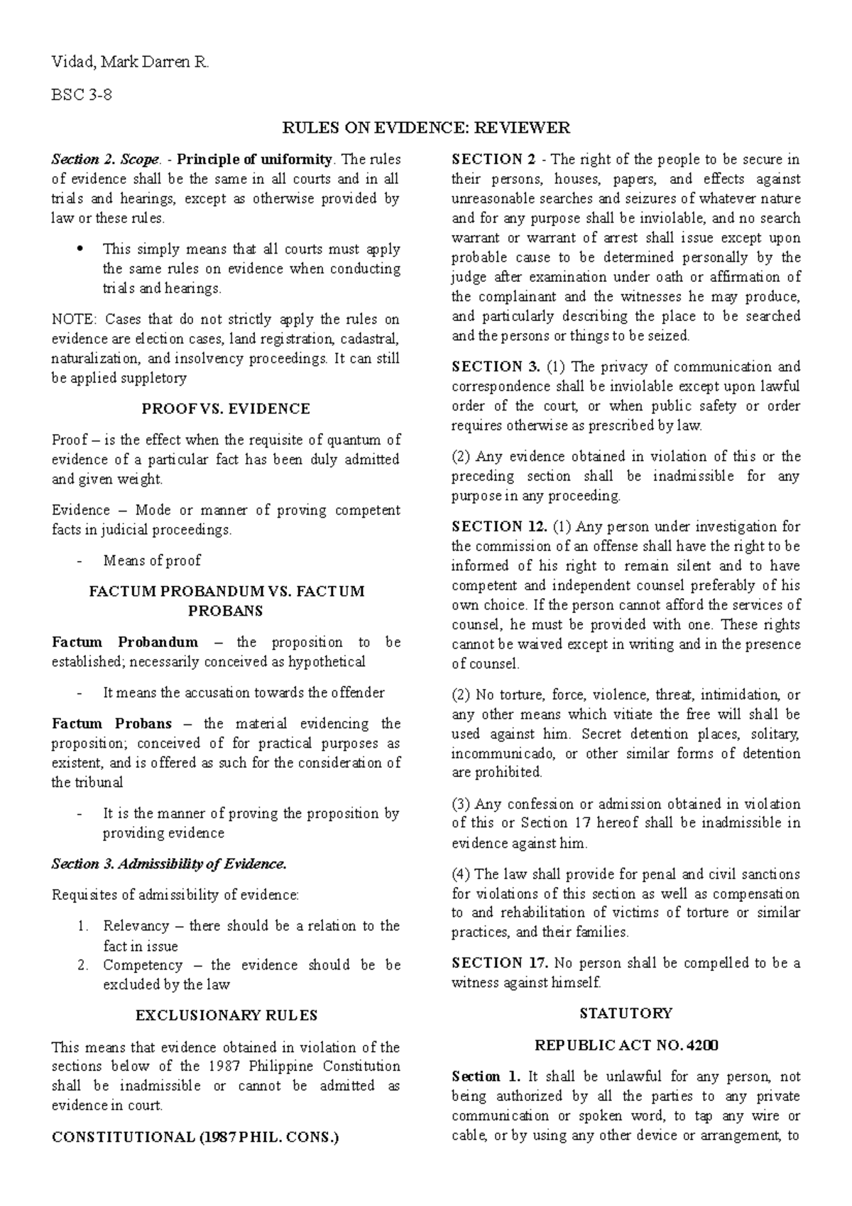 Rules ON Evidence Reviewer - Vidad, Mark Darren R. BSC 3- RULES ON ...