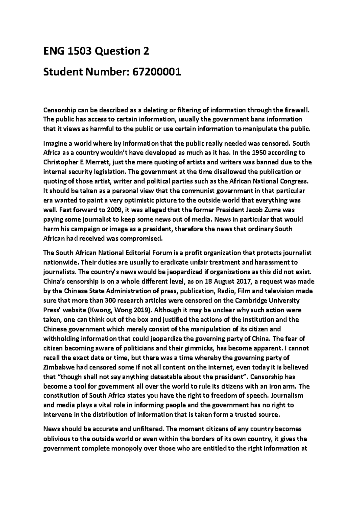 Assignment 2 ENG 1501 - ENG 1503 Question 2 Student Number: 67200001 ...