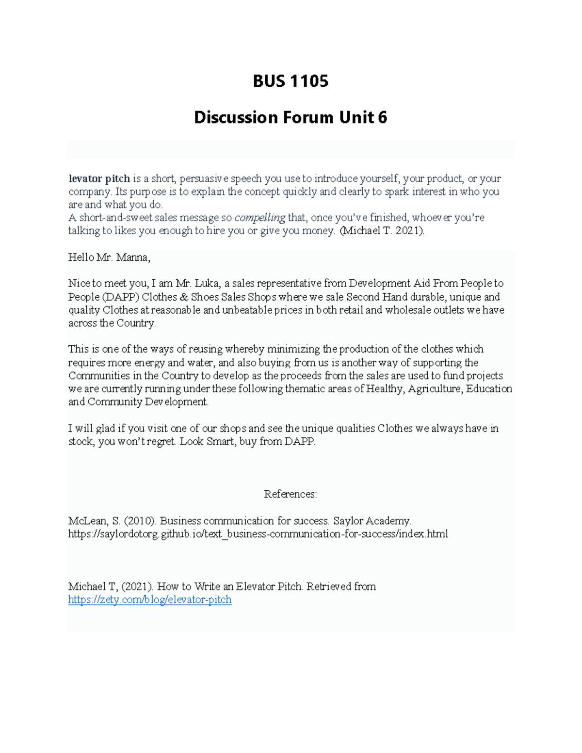 BUS 1105 UNIT 6 - Discussion - BUS 1105 Discussion Forum Unit 6 levator ...